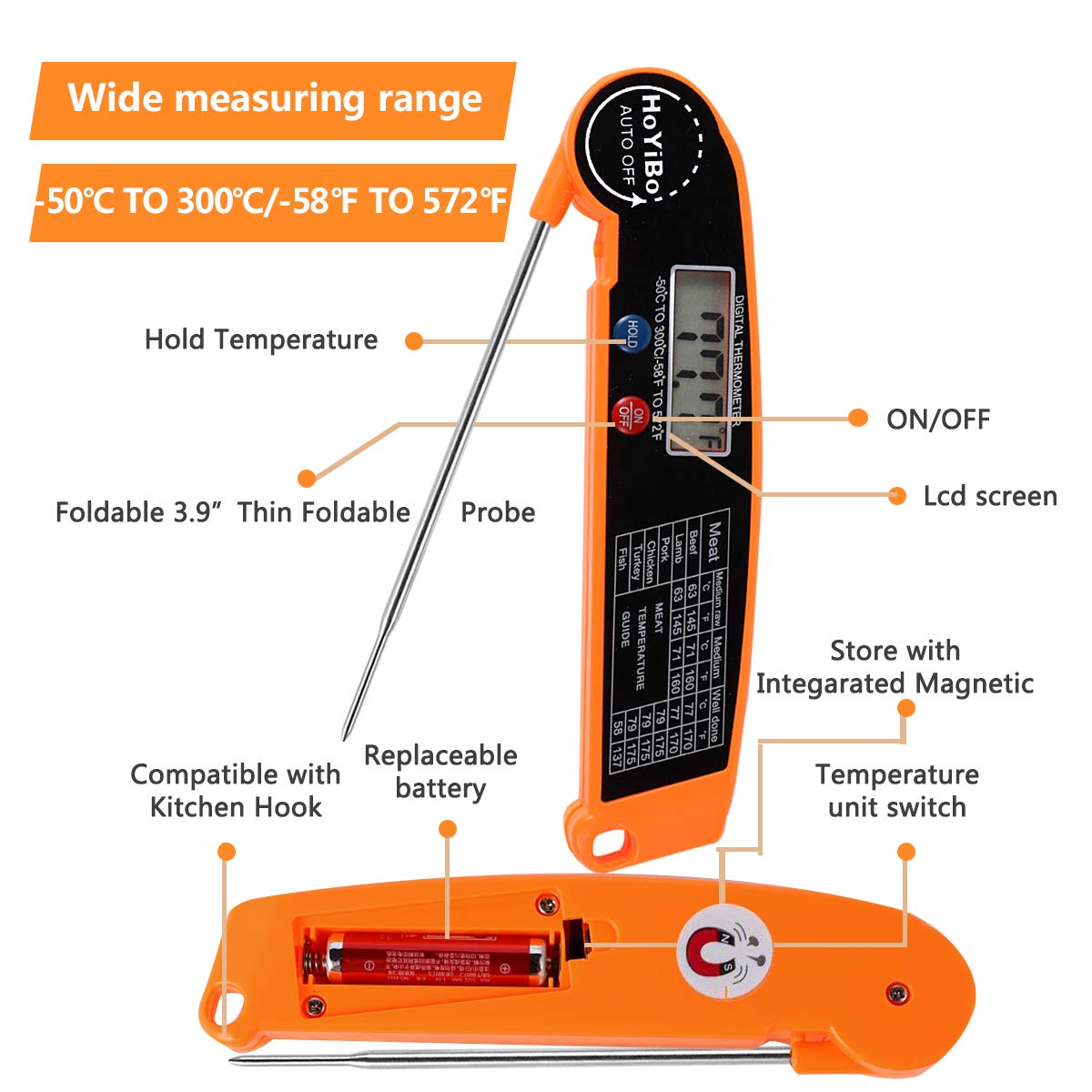 HoYiBo Candy Thermometer,Meat Thermometer, Digital Meat Thermometer, Food Thermometer,2S Ultra Fast Instant Read Digital Kitchen Thermometer for Grilling, BBQ, Baking, Candy, Liquids, Oil