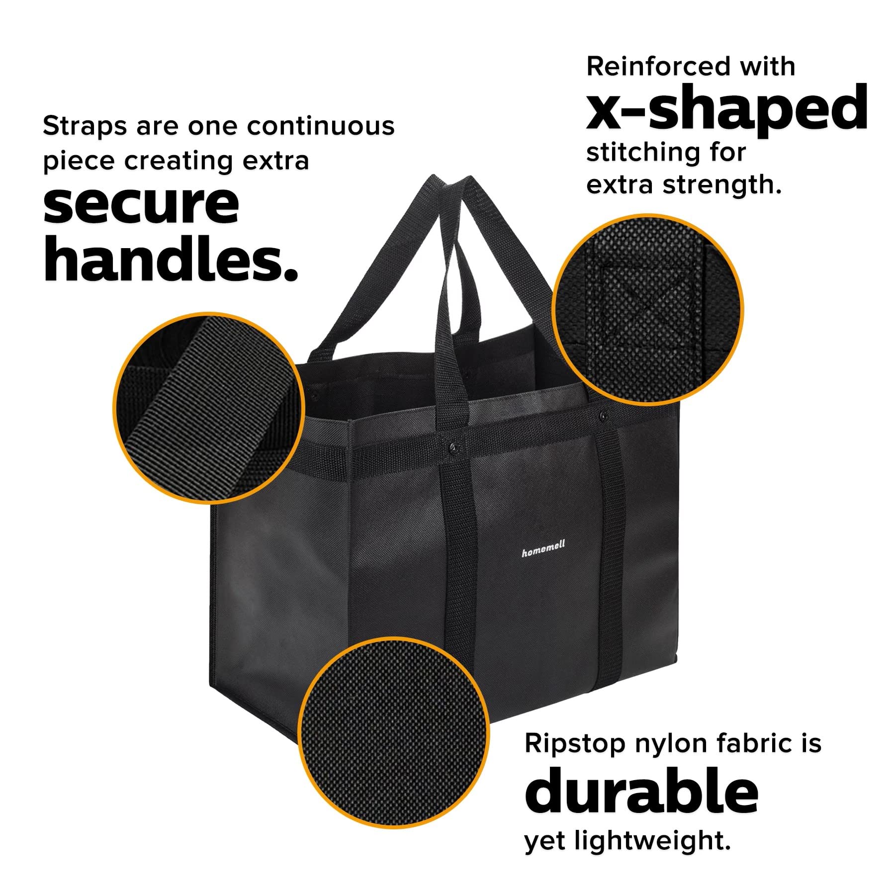 Homemell Heavy Duty Reusable Grocery Bags, Extra Large Collapsible Tote Holds 100 LBS, Extra-Strength Premium Material (Black, 6-Pack)