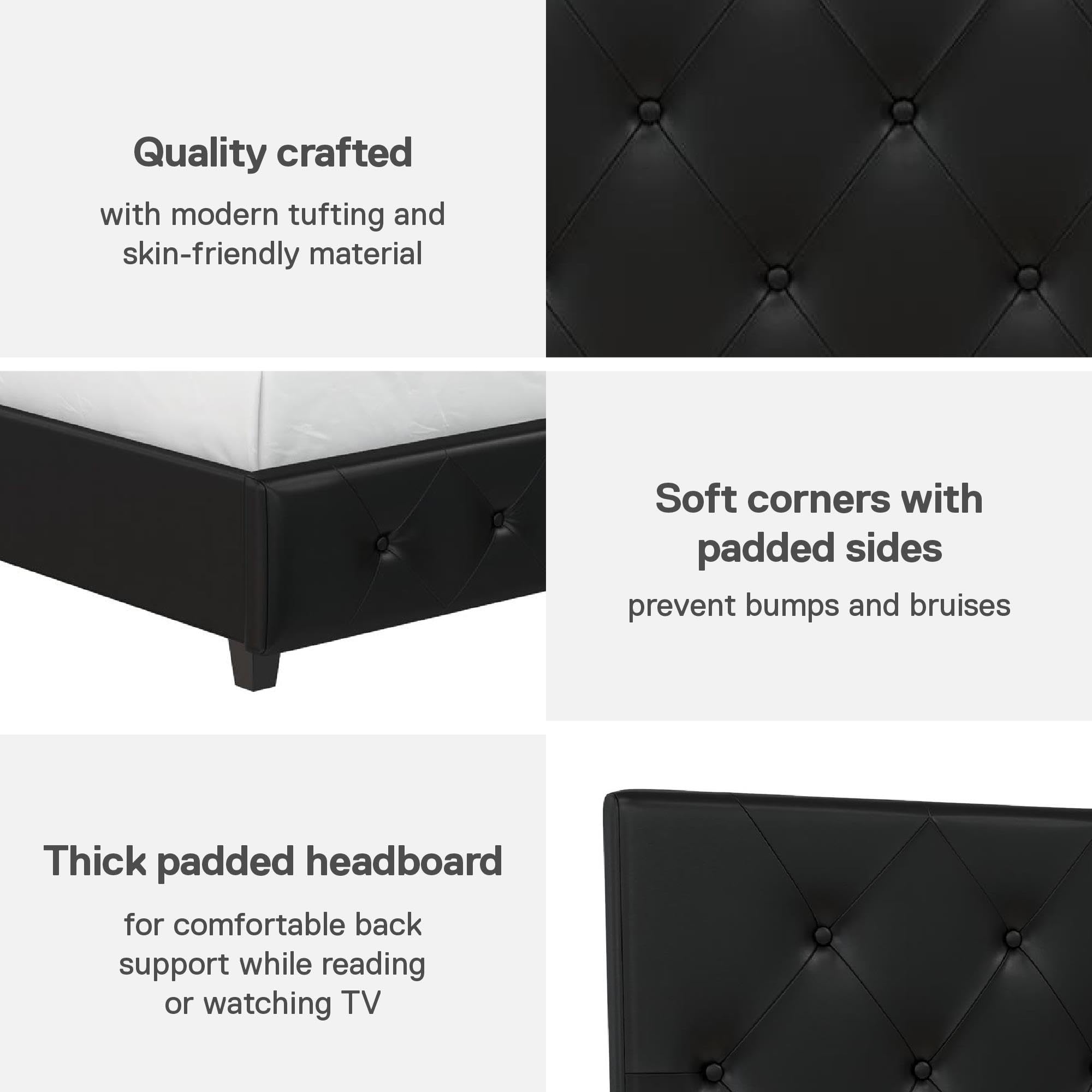 DHP Dakota Upholstered Platform Bed with Diamond Button Tufted Headboard and Footboard, No Box Spring Needed, Queen, Black Faux Leather