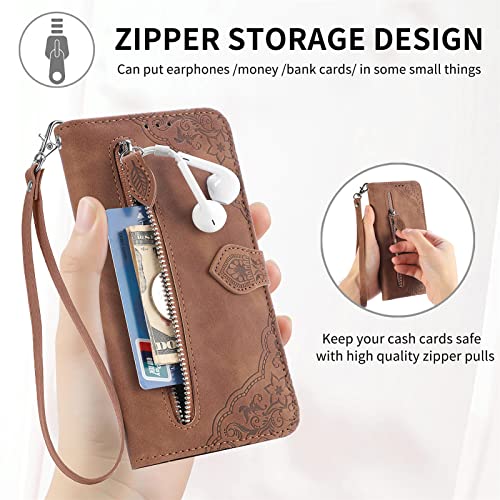 ONV Wallet Case for Oppo Realme 7 Pro - with Zipper Wrist Strap Emboss Flower Flip Phone Case Card Slot Magnet Leather Shell Flip Stand Cover for Oppo Realme 7 Pro[SZY] -Brown