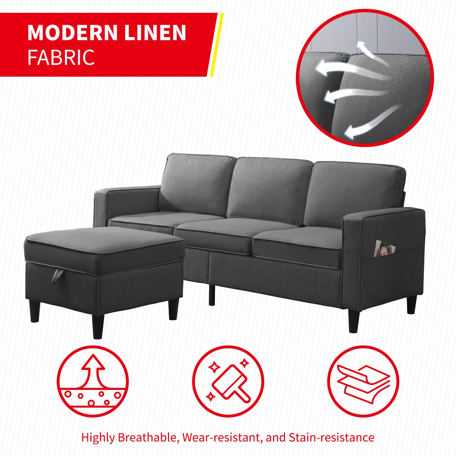 PUREMIND 78 Inches Convertible Sectional Sofa, Linen L-Shaped Sofa Couch with Reversible Storage Ottoman, Wooden Legs, 3-Seat Sectional Couches for Small Space, Apartment, Office (Dark Grey)…