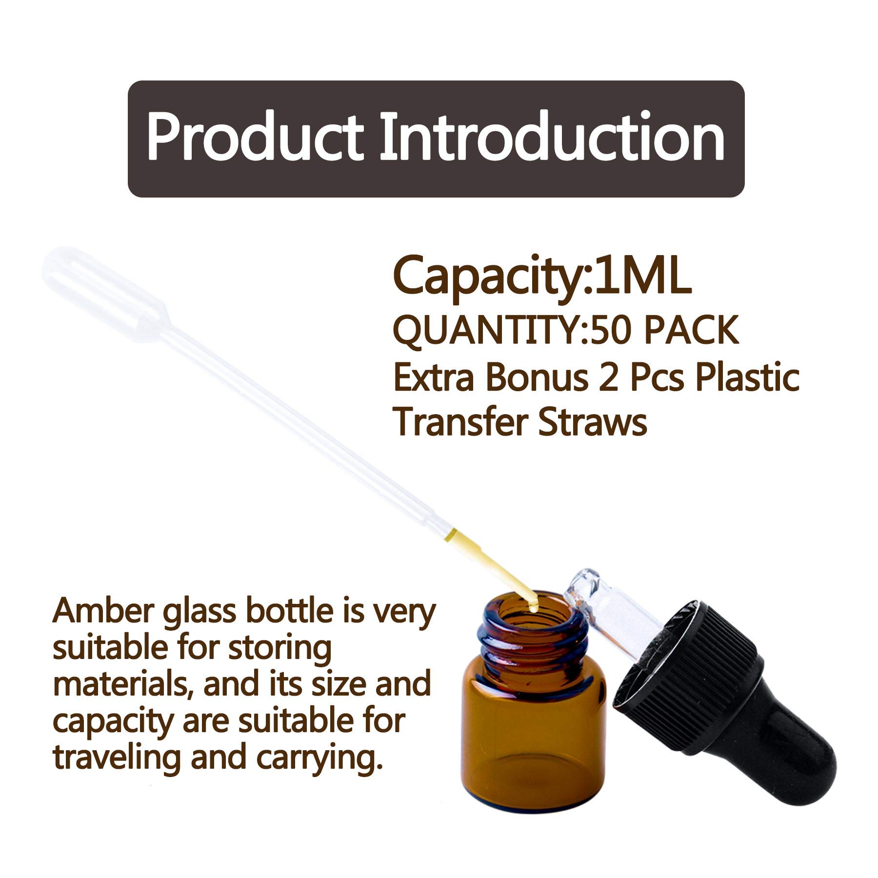Eassen 50pcs 1ml Amber Mini Glass Dropper Bottles, Small Amber Sample Bottle with Glass Eye Dropper for Essential Oils Sample Traveling