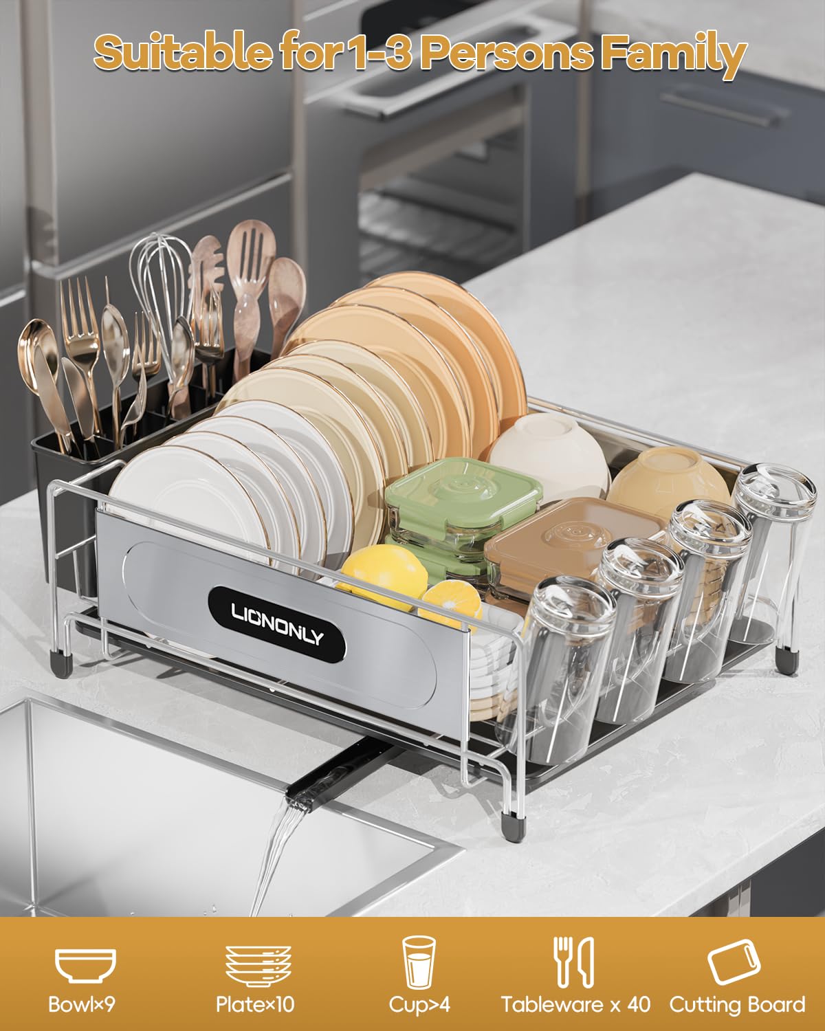 LIONONLY Dish Drying Rack, Dish Racks for Kitchen Counter, 304 Stainless Steel Dish Drainer Drainboard Set with Smart Drainage, 360° Adjustable Spout, Utensil Holder and Cup Holder,Black