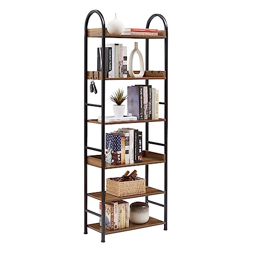 SmallCock Tall Bookshelf, 6-Tier Shelves with Round Top Frame, MDF Boards, Adjustable Foot Pads (Brown)
