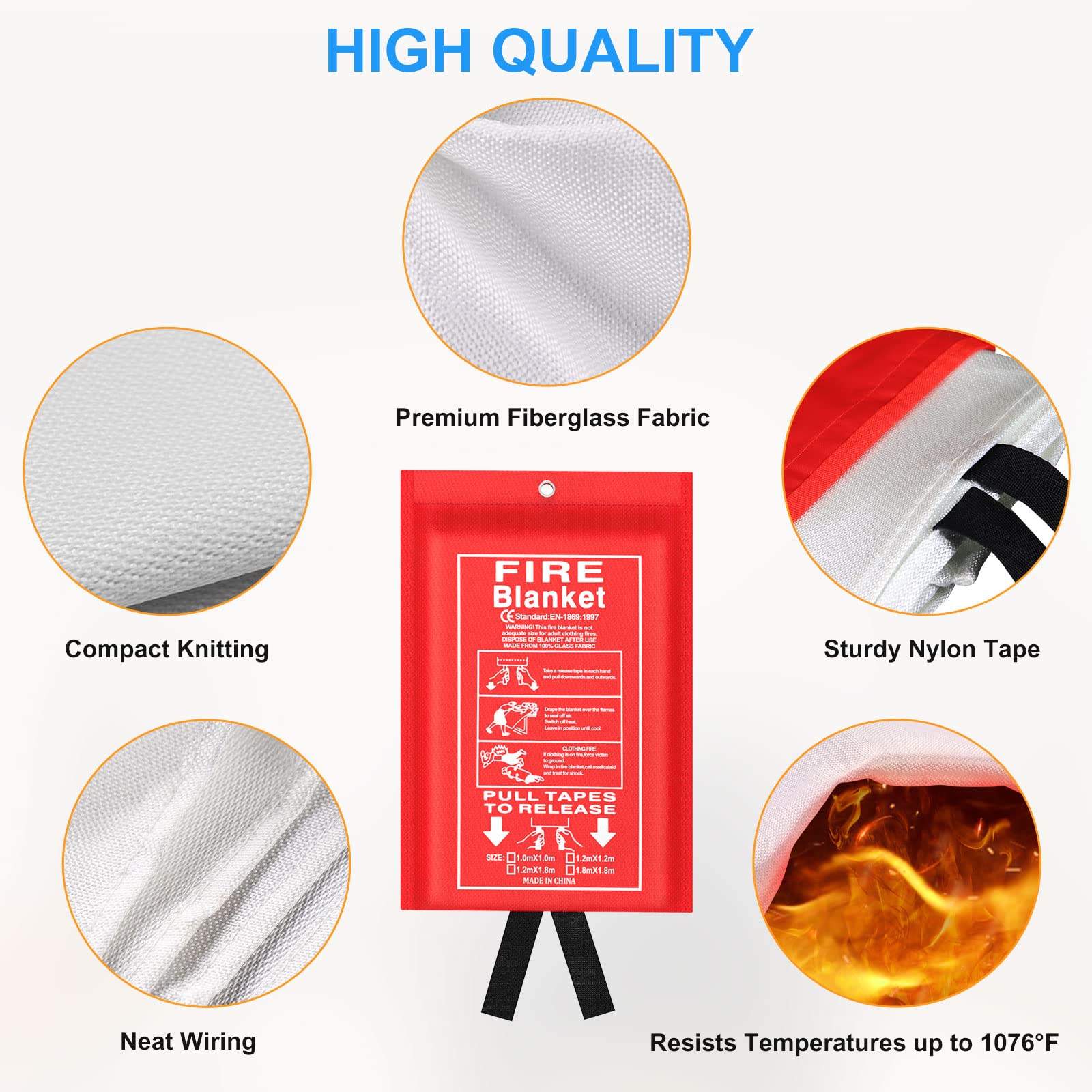 Jeagou Emergency Fire Blanket for Kitchen and Home, 2 Pack 39.37β x 39.37β Fiberglass Fire Safety Blankets for Survival, Suppression Fire Retardant Blanket for People