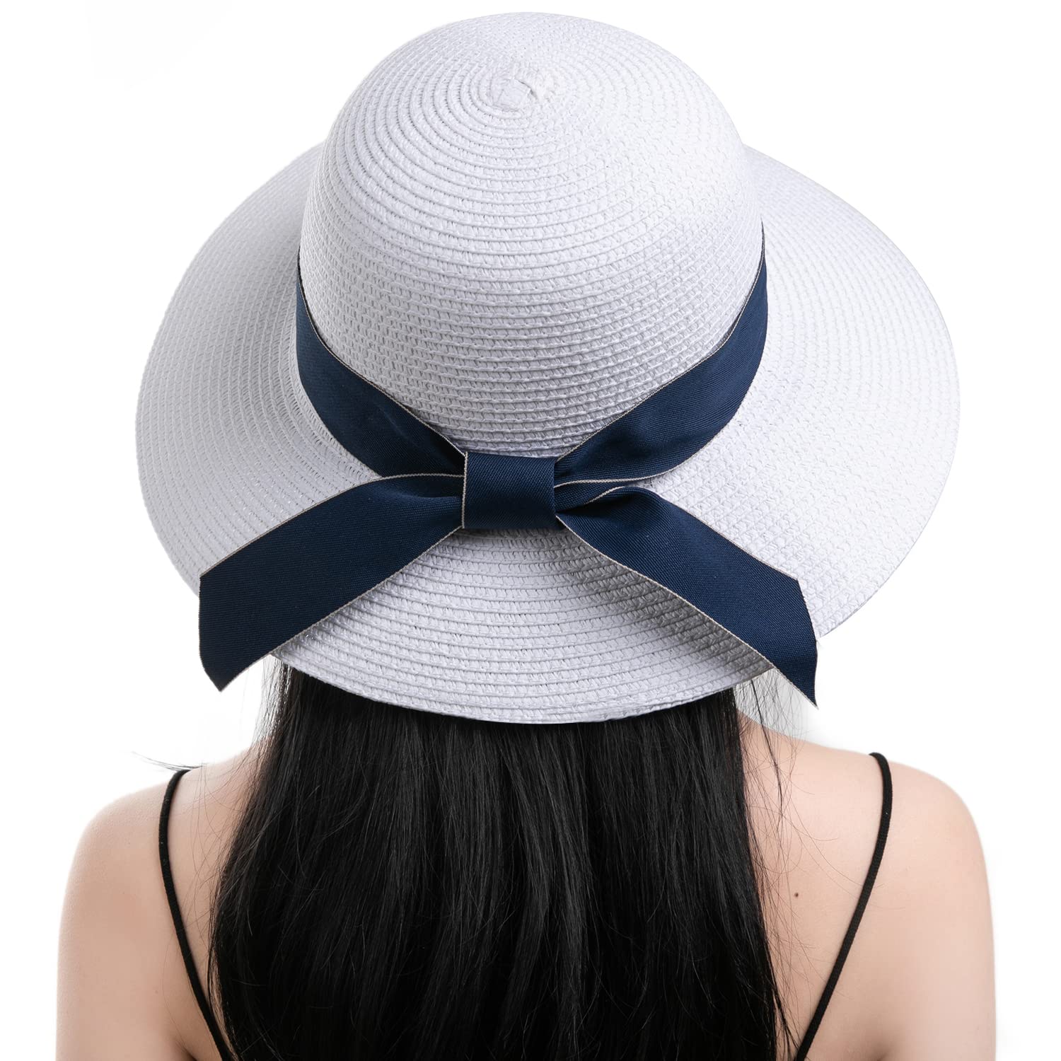 FARVALUE Women's Sun Beach Straw Hat Foldable Floppy Hats Summer UV Protection Wide Brim Travel Beach Cap Blue