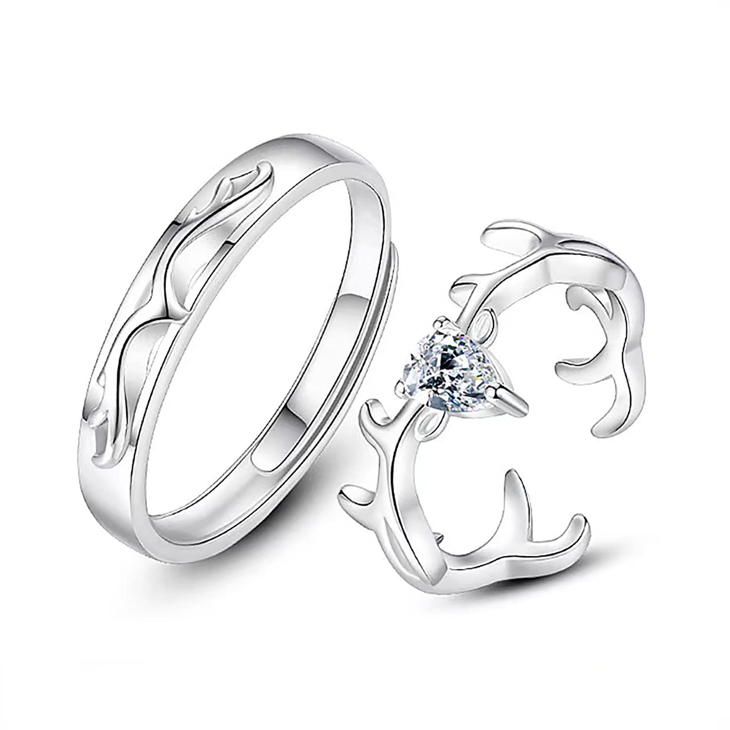His Hers Couples Matching Rings Set Cute Silver Deer Antler Ring Dainty Cubic Zirconia Adjustable Matching Deer Antler Wedding Rings Endless Love Promise Ring Christmas Valentine's Day Gift for