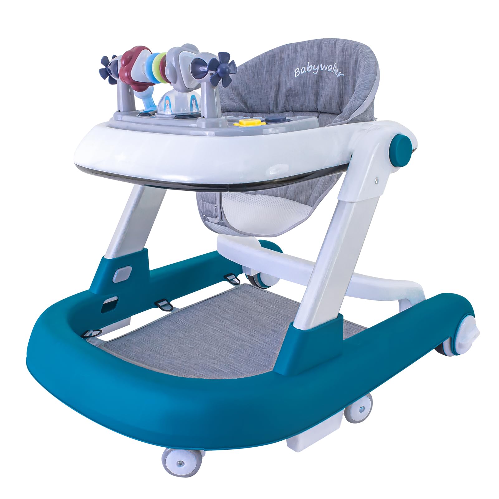 Foldable Baby Walker, 3 in 1 Toddler Walker Bouncer, Learning-Seated, Walk-Behind, Music, Adjustable Height, High Back Padded Seat, Detachable Trampoline Mat, Activity Walker with Toys (Green)