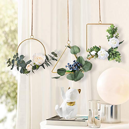 Dolicer Floral Hoop Wreath, Geometric Wire Round Triangle Square Hoop Frame of Artificial Peony Flower and Eucalyptus Vine Wreath for Wedding Backdrop Wall Garden Balcony Home Decor, 3 Pcs, White…