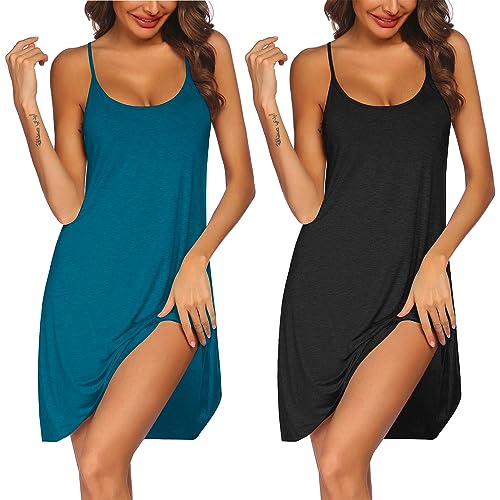 Ekouaer Women Nightgowns 2 Pack Spaghetti Strap Solid Nighties Sleeveless Sleepwear Dress Black & Blue Green L