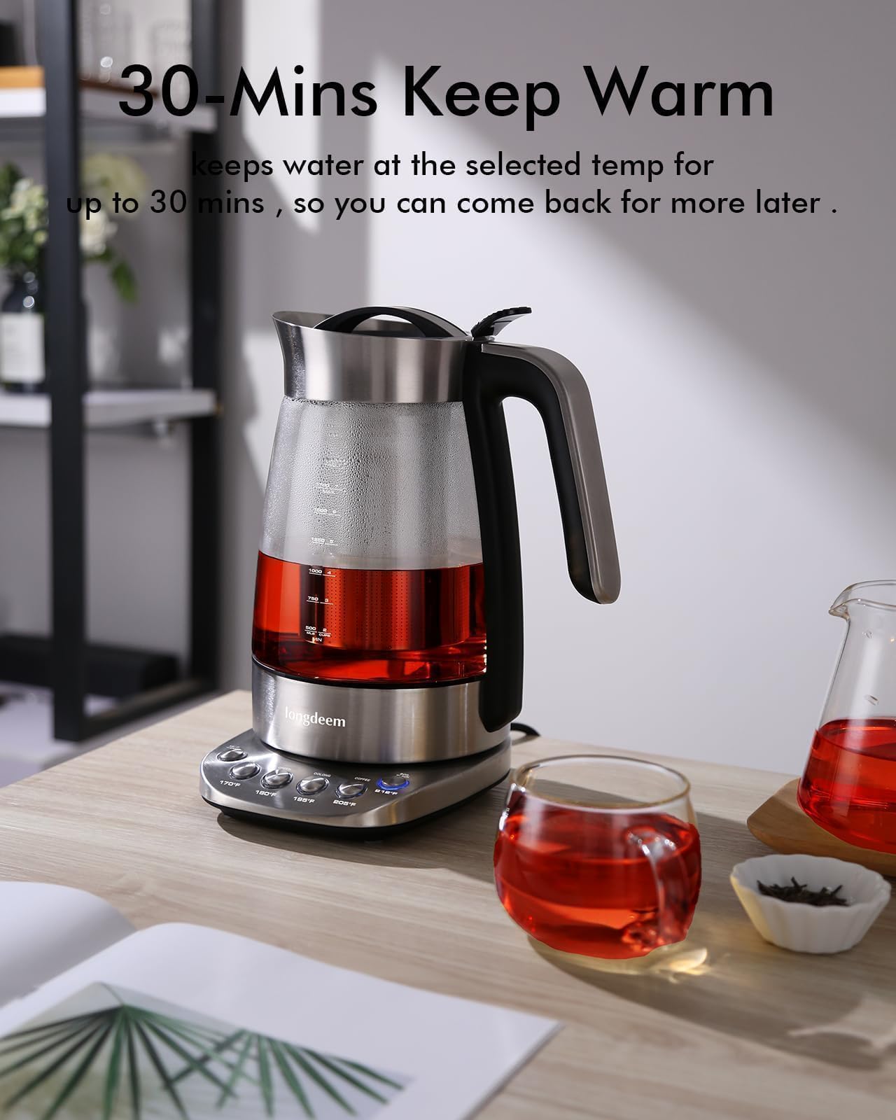 Electric Glass Tea Kettle with Infuser, 1.7L/1500W Fast Boiling, Stainless Steel, Temperature Control Tea Maker, BPA Free - Easy Lid Removal & Keep Warm Feature, Silver