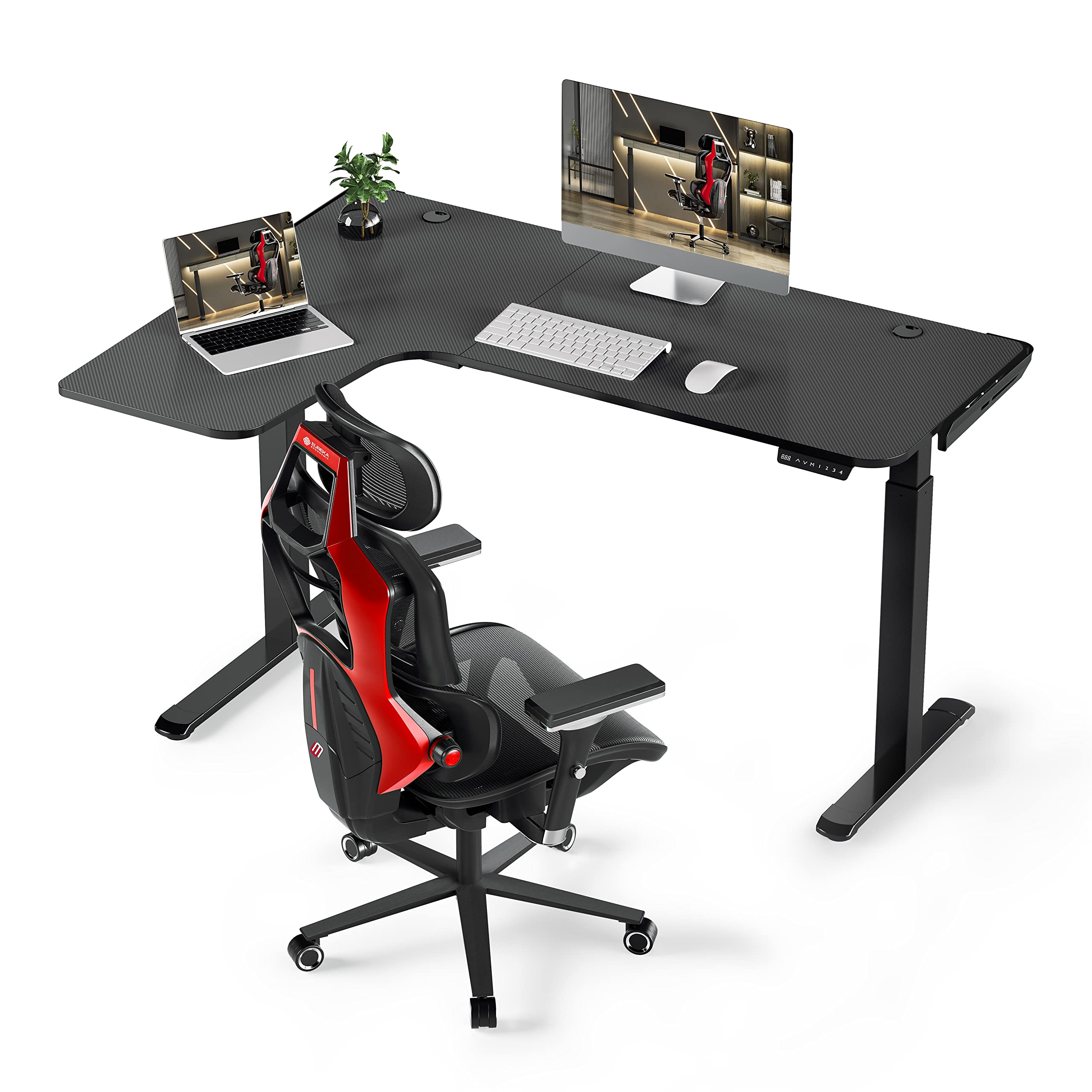 EUREKA ERGONOMIC L Shaped Standing Desk Left with Typhon Gaming Chair Red, 60 Inch Gaming Desk, Electric Height Adjustable Dual Motor, Rising Sit Stand Up Corner Desk for Computer Home Office