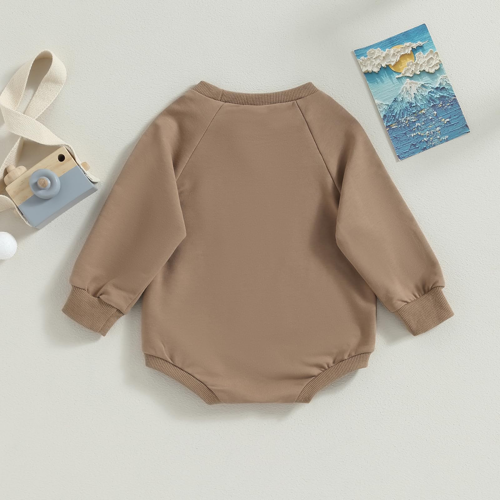 Ehfomius Baby Boy Girl Sweatshirt Romper Oversized Sweater Onesie Basic Solid Crewneck Long Sleeve Romper Fall Winter Clothes (Khaki, 6-12 Months)
