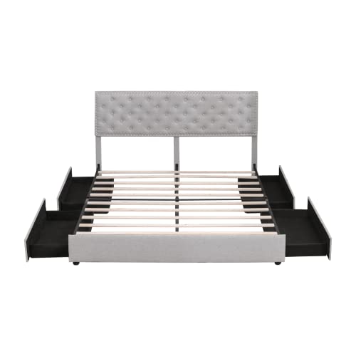 Mjkoen Bed Frame with Storage, Tufted Bed Frame with 4 Storage Drawers,King Size Upholstered Bed Frame with Adjustable Headboard for Bedroom Light Grey