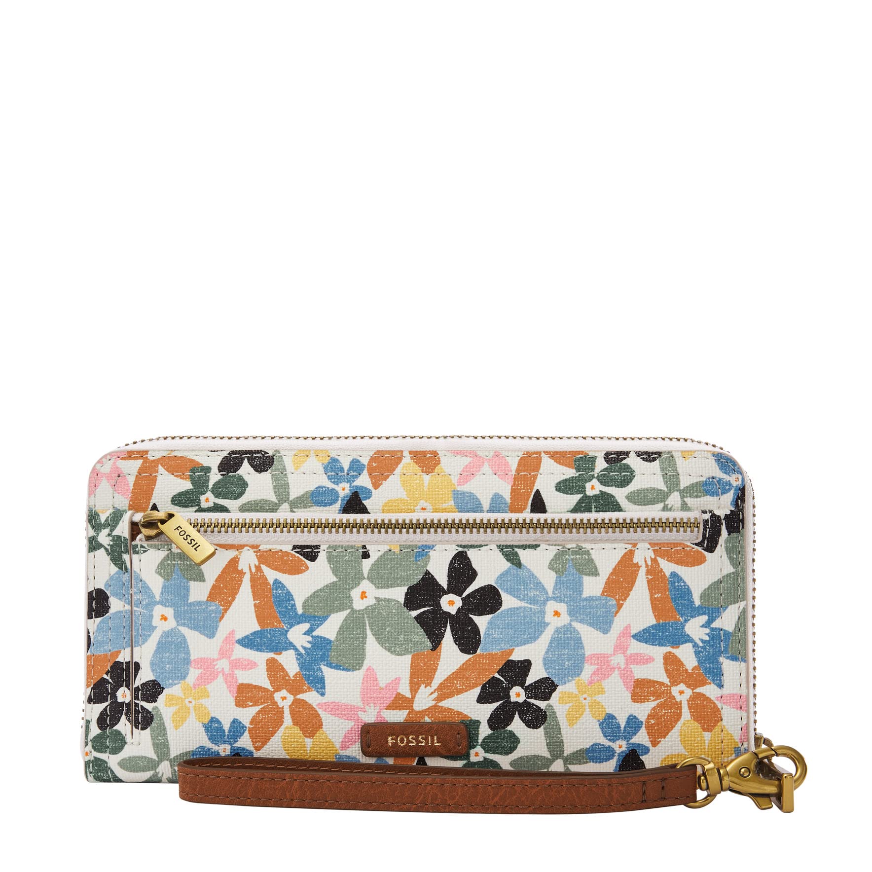 Fossil Women's Logan Faux Leather Wallet RFID Blocking Zip Around Clutch with Wristlet Strap, Flower Power (Model: SL7828729)