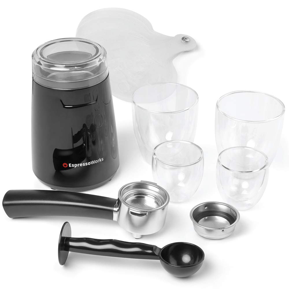 EspressoWorks All-In-One Espresso Machine with Milk Frother 7-Piece Set - Latte Maker Includes Grinder, Frothing Pitcher, Cups, Spoon and Tamper - Coffee Gifts (Stainless Steel)
