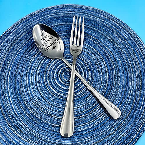 HSSPIRITZ 2 Pieces Good Morning Granny Funny Engraved Stainless Spoon Fork Set,Restaurant Dinner Spoon and Fork With Gift Box,Best Gifts for Grandma Mom Birthday Mother's Day Christmas