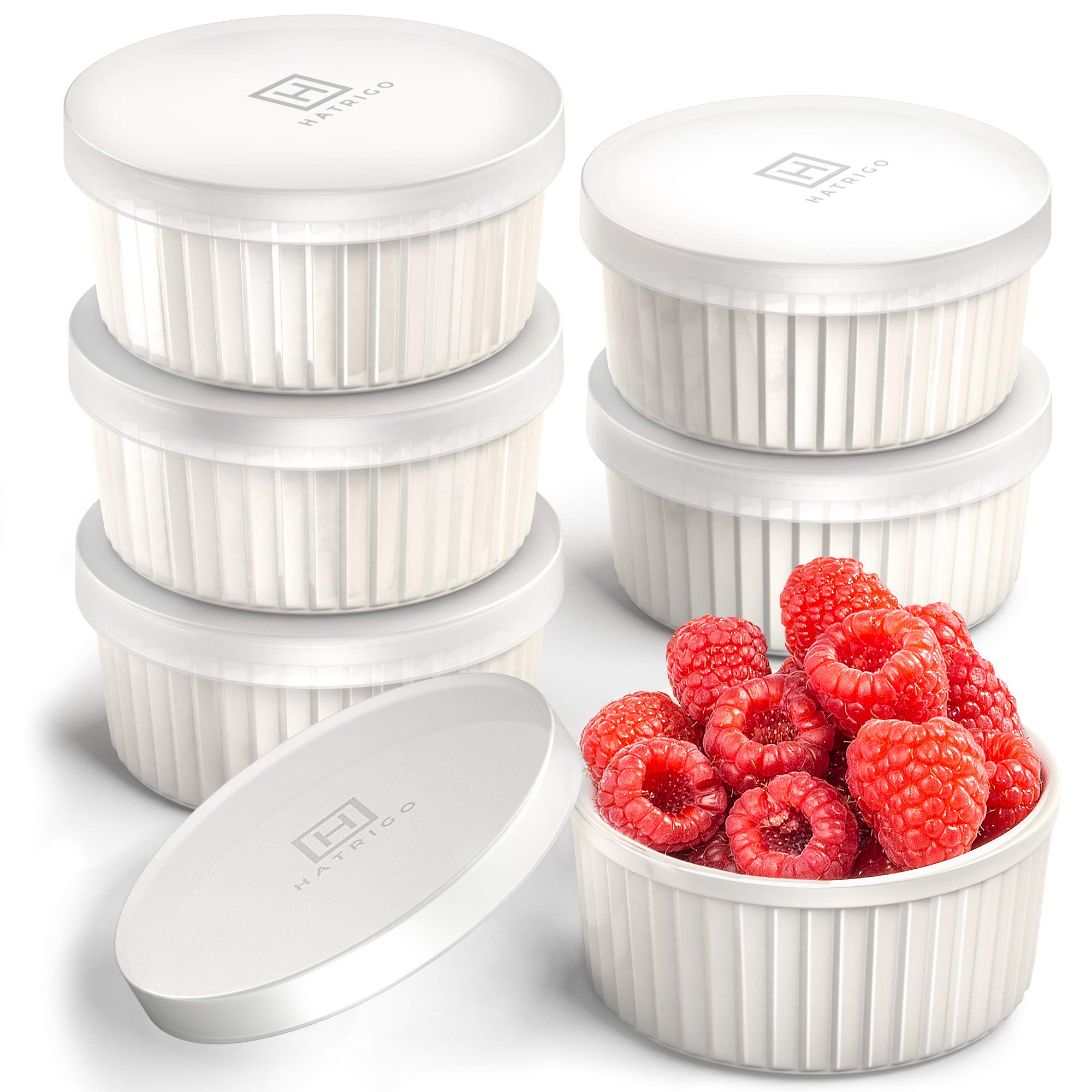 Hatrigo Porcelain Ramekins with Silicone Storage Lids, Set of 6 Assorted Colors, Ramekins 6 oz Oven Safe, 450 deg F, Dishwasher Safe