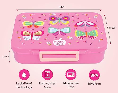 KOMUNURI LeakProof Bento Lunch Box for Kids, 4 or 5 Compartments, Microwave Safe, Dishwasher Safe, BPA Free, Lightweight, Kid Friendly Latch (True Pink - Butterflies & Flowers)
