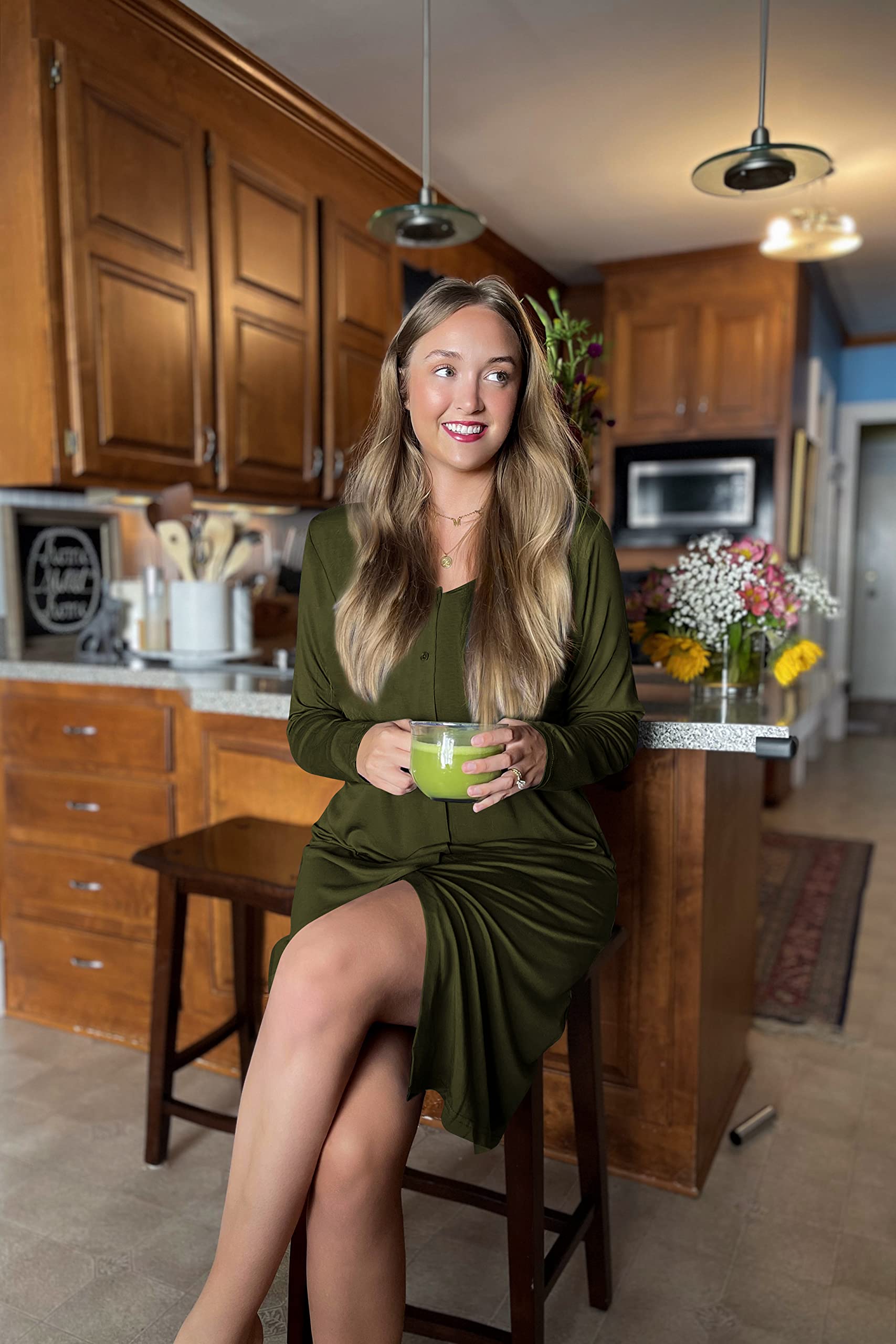 Ekouaer Women's Nightgown V Neck Button Down Sleepwear Long Sleeves Nightshirts Soft Button Sleep Dress Army Green