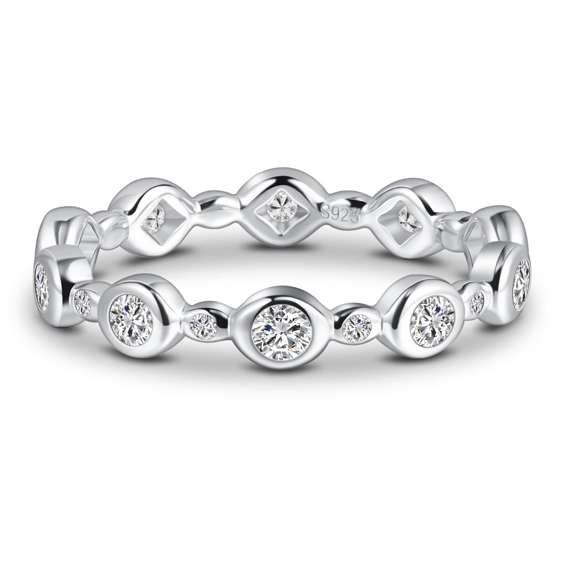 Hitlinker Moissanite Wedding Band for Women S925 Sterling Silver Moissanite Rings Bezel Set Round Cut D Color VVS1 Lab Created Diamond Rings Eternity Band Stackable Band Ring for Women Size 7