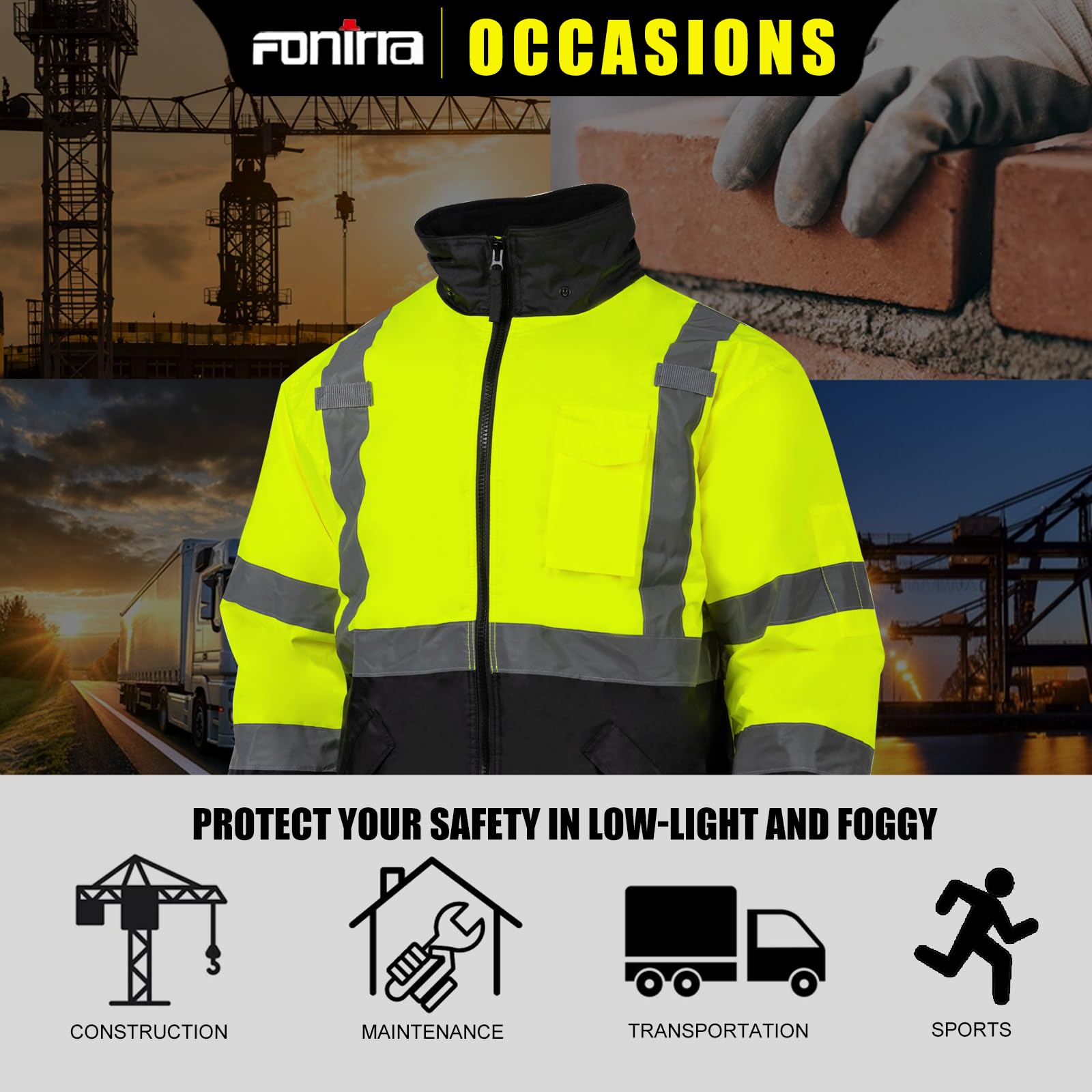 FONIRRA High Visibility Safety Jackets for Men with Fleece Liner,ANSI Class 3 Reflective Waterproof Bomber Jacket(Yellow,XL)