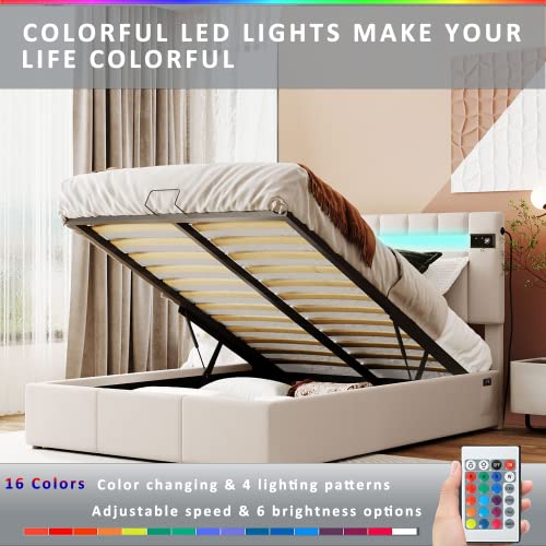 MOEO Upholstered Full Size Platform Bed with LED Light, Bluetooth Player and USB Charging, Hydraulic Storage, Velvet Fabric Bedframe for Kids, Adults, Bedroom, No Box Spring Required, Beige