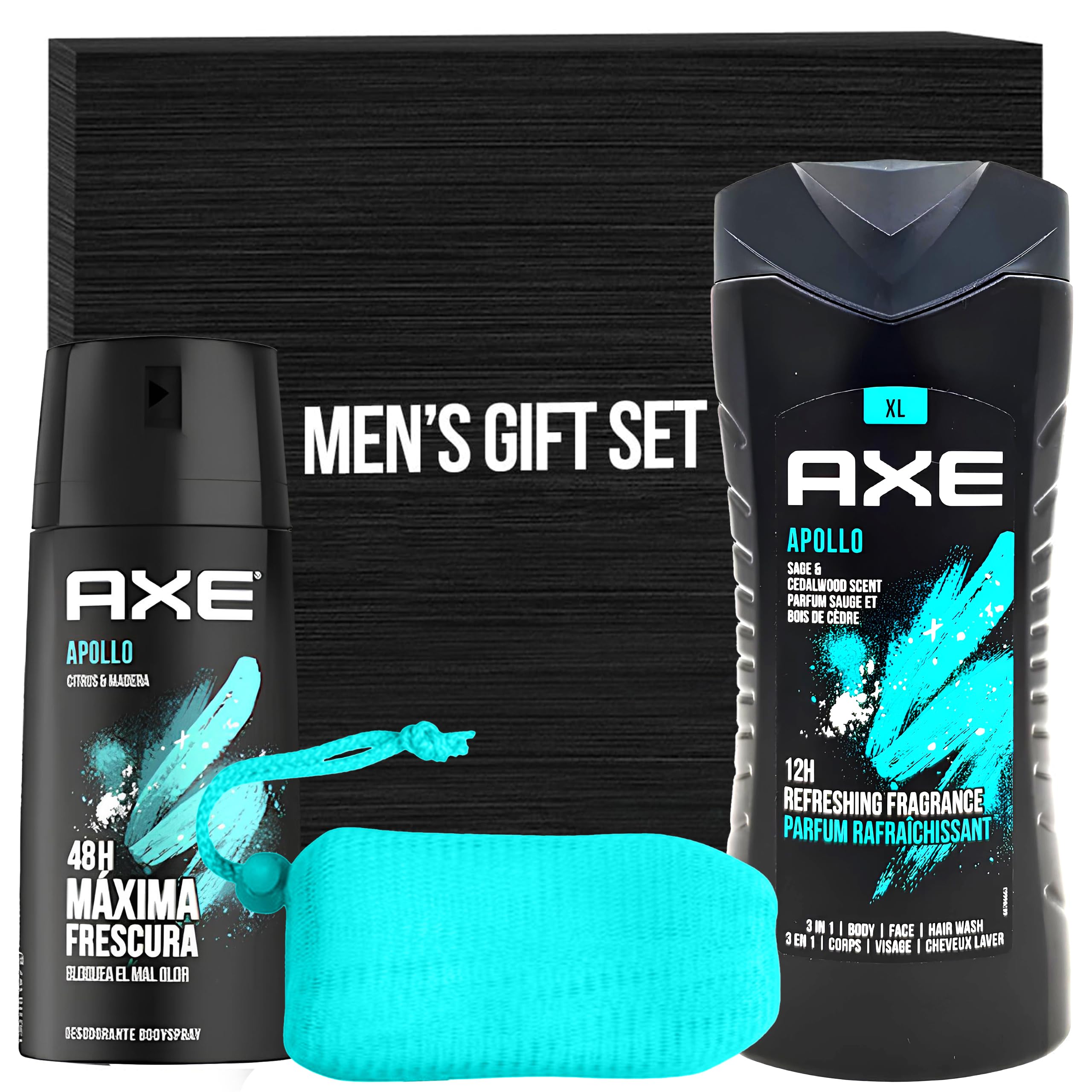 Men's Gift Set, Includes Men Apollo Body Wash Sage and Sedalwood, Men Apollo Body Spray Citrus and Madera, Bonus Party-pom Soap Saver in Gift Box, Perfect for Father's Day, Dad, Boyfriend