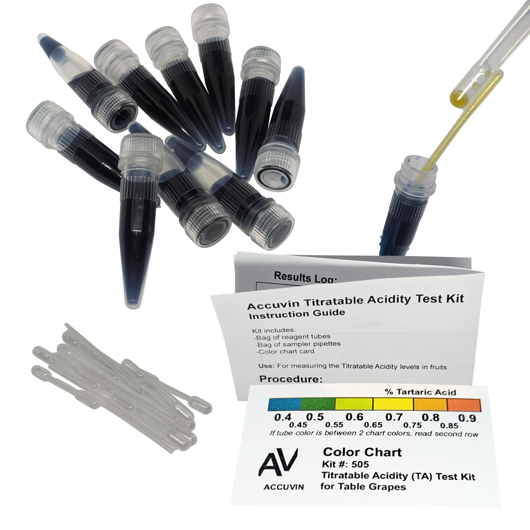 Table Grape Titratable Acidity Test Kit, 0.4 – 0.9 g/100mL Tartaric Acid [10 Tests]