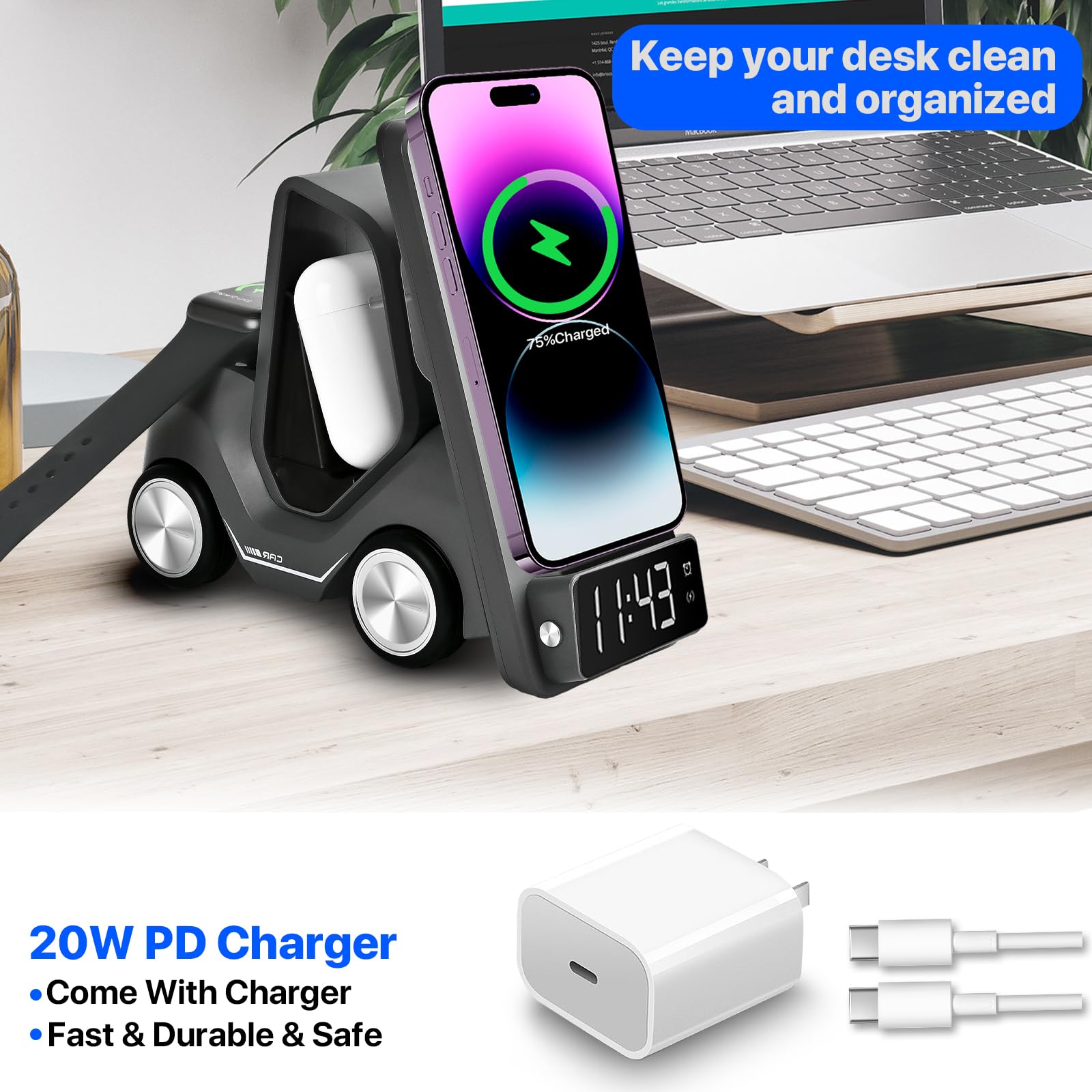 Diecallan 5 in 1 Wireless Charging Station 20W Adapter Fast Wireless Charging Apple Devices for iPhone 15/14/13/12 Series for AirPods Pro/3/2,for Apple Watch/iWatch Support Alarm Clock Light(Grey)