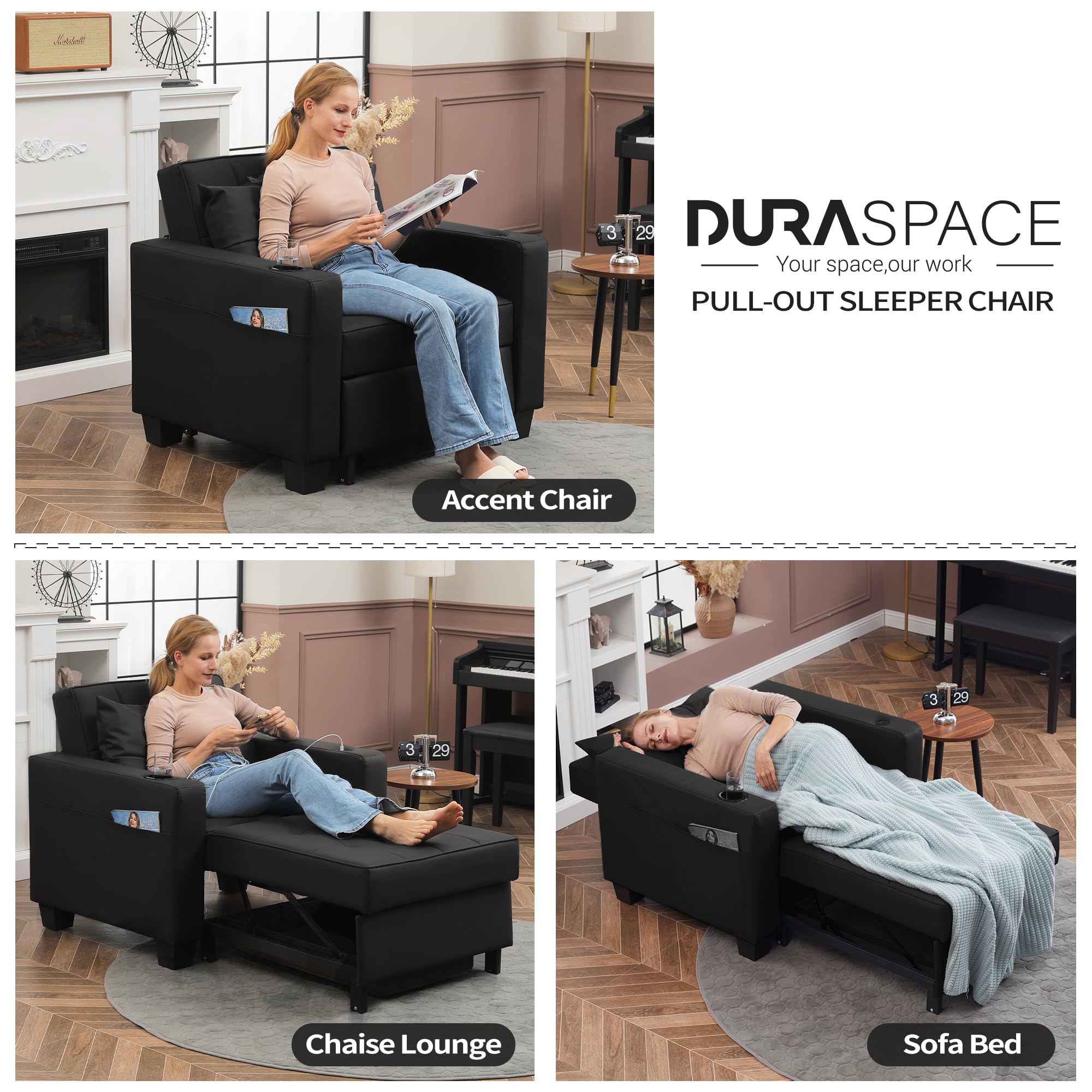 DURASPACE Pull Out Sofa Bed 3-in-1 Convertible Sofa Sleeper Chair Bed with USB, Cup Holder, Adjustable Armchair Beds for Small Spaces, Apartment, Living Room, Office (Caramel Brown Faux Leather)