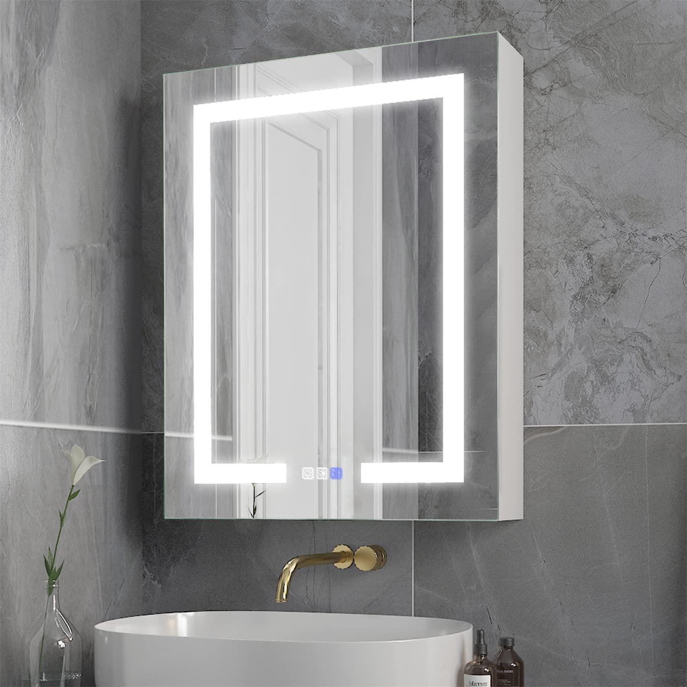 Liviza LED Bathroom Medicine Cabinet with Mirror, 24 x 30 Inch, Recessed or Surface Lighted Medicine Cabinet, Defog, Auto Memory Light Setting, 2 Outlets, Storage Shelves (Left Soft Close Hinge)