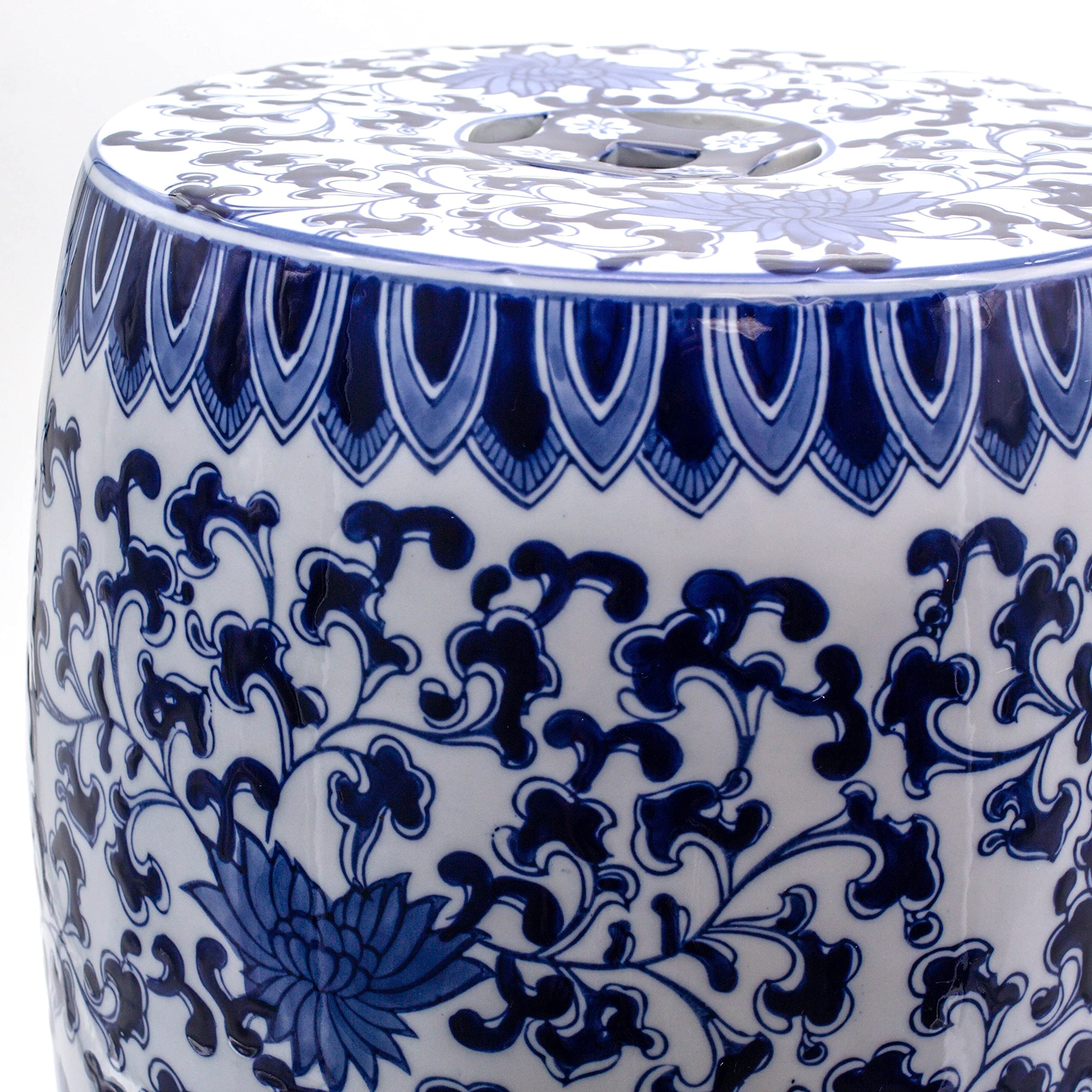 Euro Ceramica Claybarn Blue Garden Porcelain 16" Decorative Lotus Drum Stool