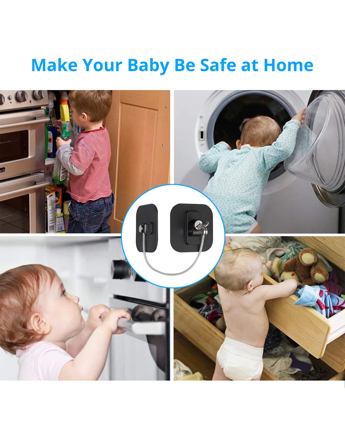 eSynic Refrigerator Locks, 4 Pack Fridge Lock with Keys Child Safety Cabinet Locks with Strong Adhesive Safety Locks Set for Appliances Kitchen Cabinets Fridge Door Refrigerator Cabinet Drawer Black