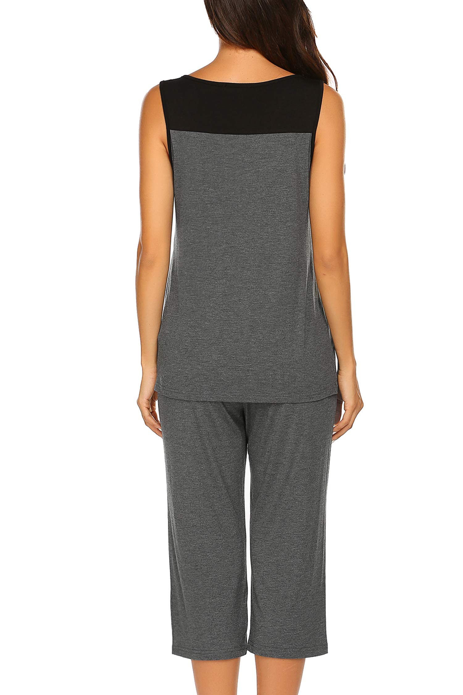 Ekouaer Capri Pajama Sets for Women 2 Piece Soft Cute Pjs Round Neck Sleeveless Lounge Set for Summer Sleepwear Dark Grey M