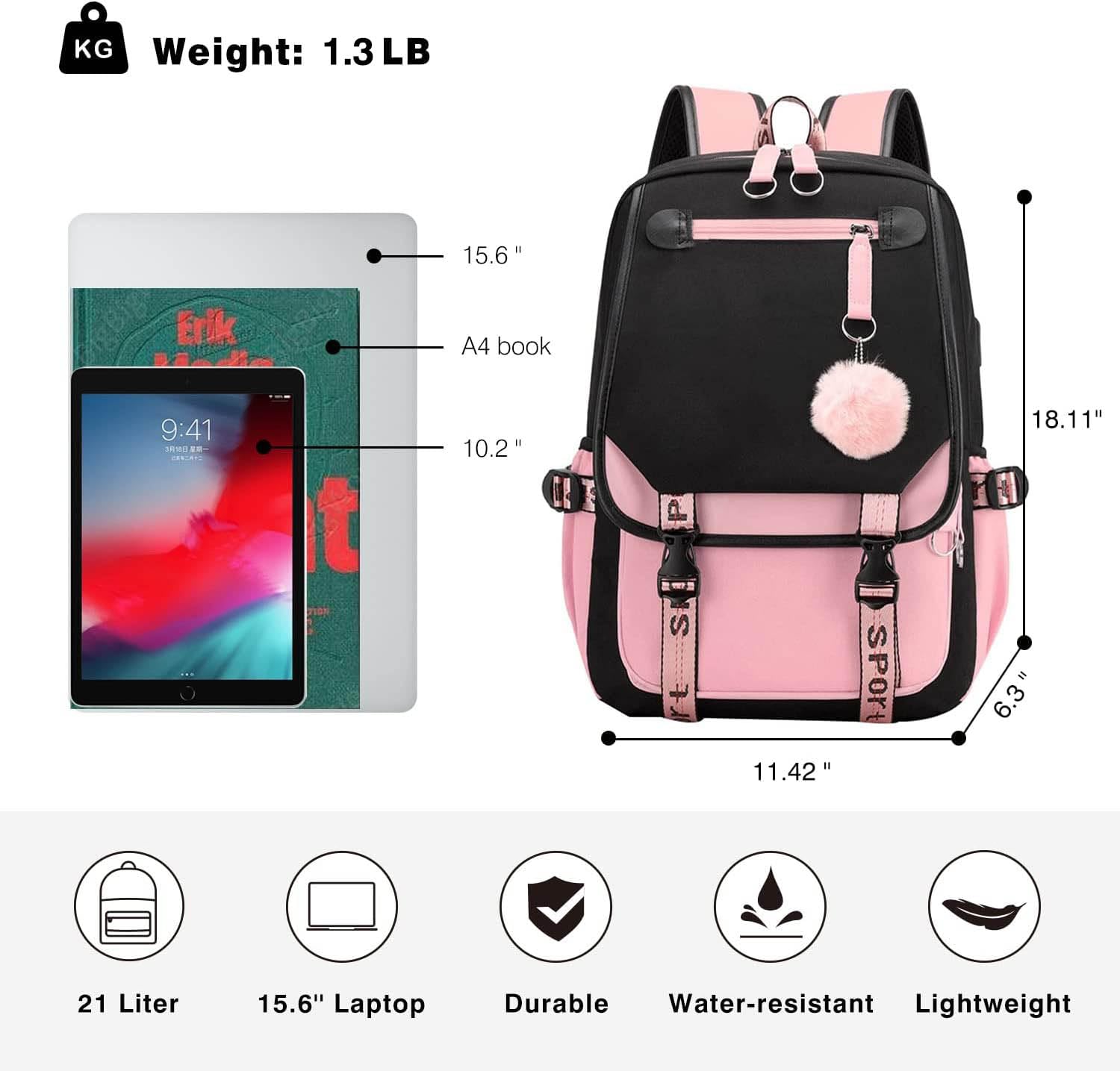 Digi4U Girls Backpack Middle School Students Bookbag,School Backpack with USB Charge Port for Teens Girls Women 3+ Years(Blackpink)