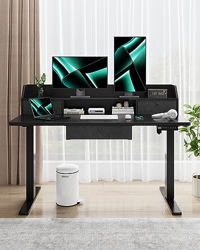 Shahoo Electric Double Layers Standing Desk with 3 Drawers, 48 x 24 Inches Height Adjustable Conner Table, Computer Workstation with Large Storage Shelves for Home Office, 48 Inch, Black
