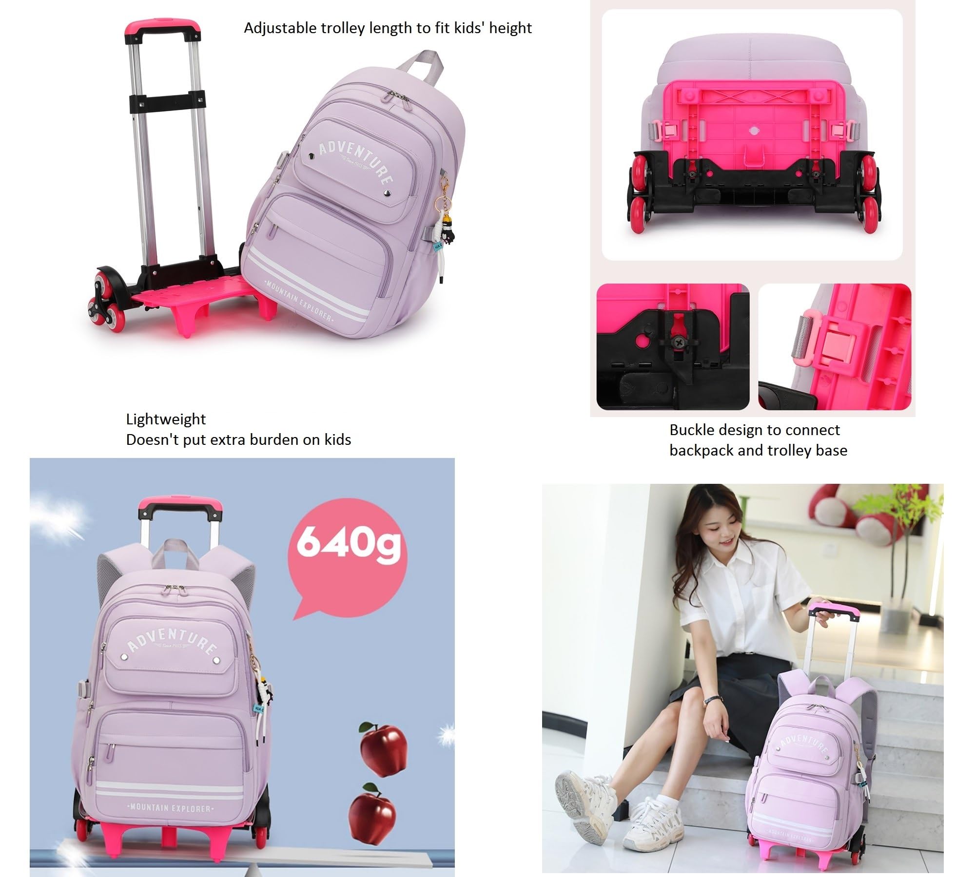 ETAISHOW Rolling Backpack for Girls Wheeled Bag Kids Trolley School Bag Roller Bookbag with Wheels Water-Resistant