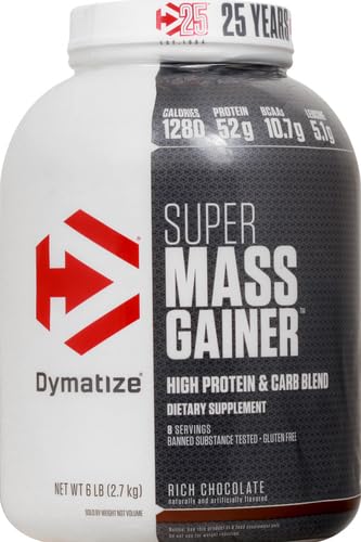Dymatize Super Mass Gainer Protein Powder, 1280 Calories & 52g Protein, 10.7g BCAAs, Mixes Easily, Tastes Delicious, Rich Chocolate, 6 lbs