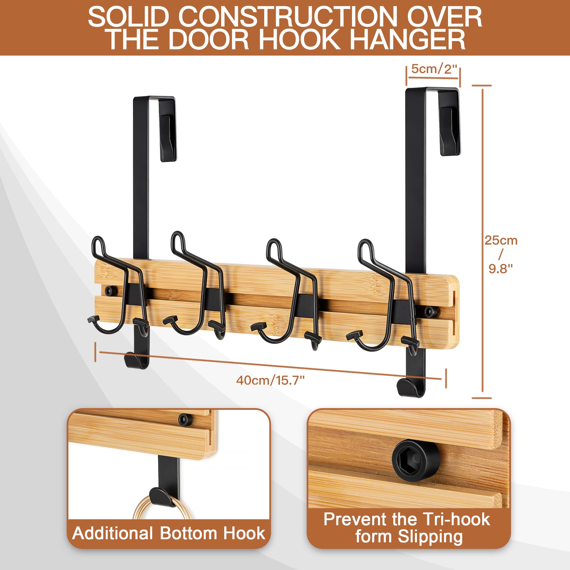 ETECHMART Bamboo Hanger with 4 Adjustable Tri Hooks for Hanging Clothes Hat Bag, Behind/Over The Door Towel Rack for Bathroom, Heavy Duty Wall Mounted Coat Rack, No Drilling, Walnut