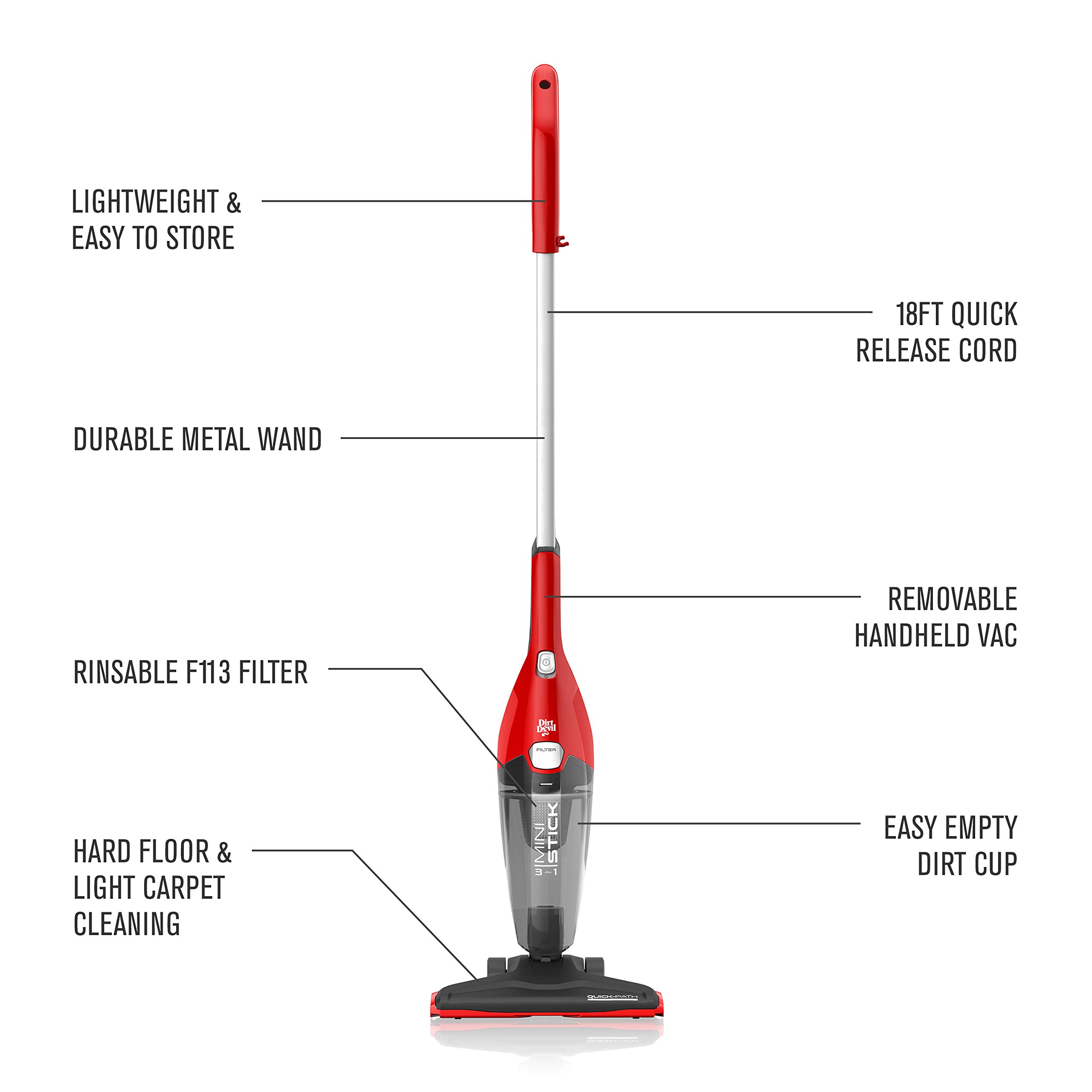 Dirt Devil 3-in-1 Mini Stick Bagless Vacuum Cleaner with Removable Hand Held Vac, Lightweight, SD22015PC, Red