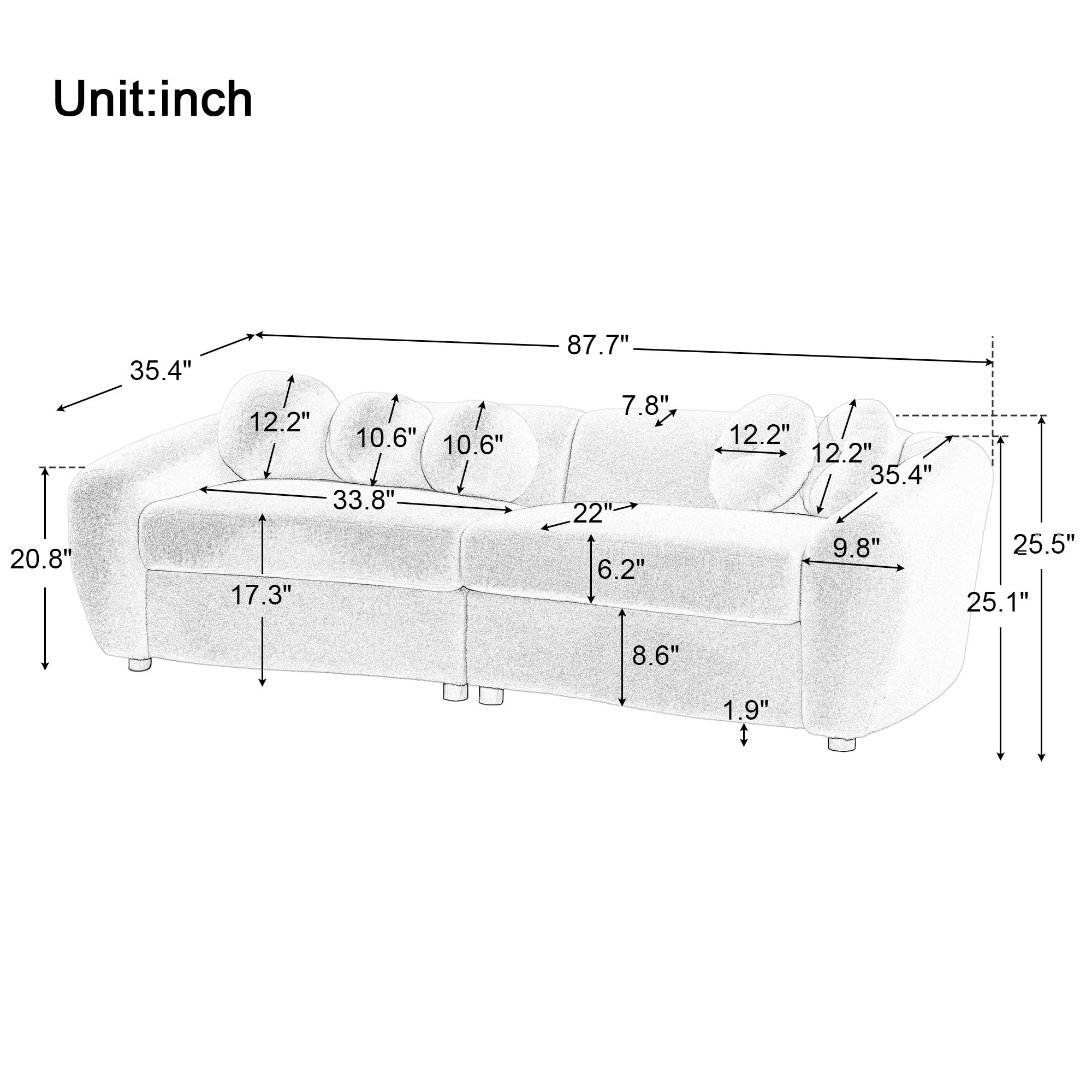 Modern Cloud Curved Sofa Comfy Boucle Couch, Luxury 3-Seat Teddy Fabric Upholstered Leisure Deap Seat Sectional Sofá with 5 Decorative Throw Pillows for Living Room