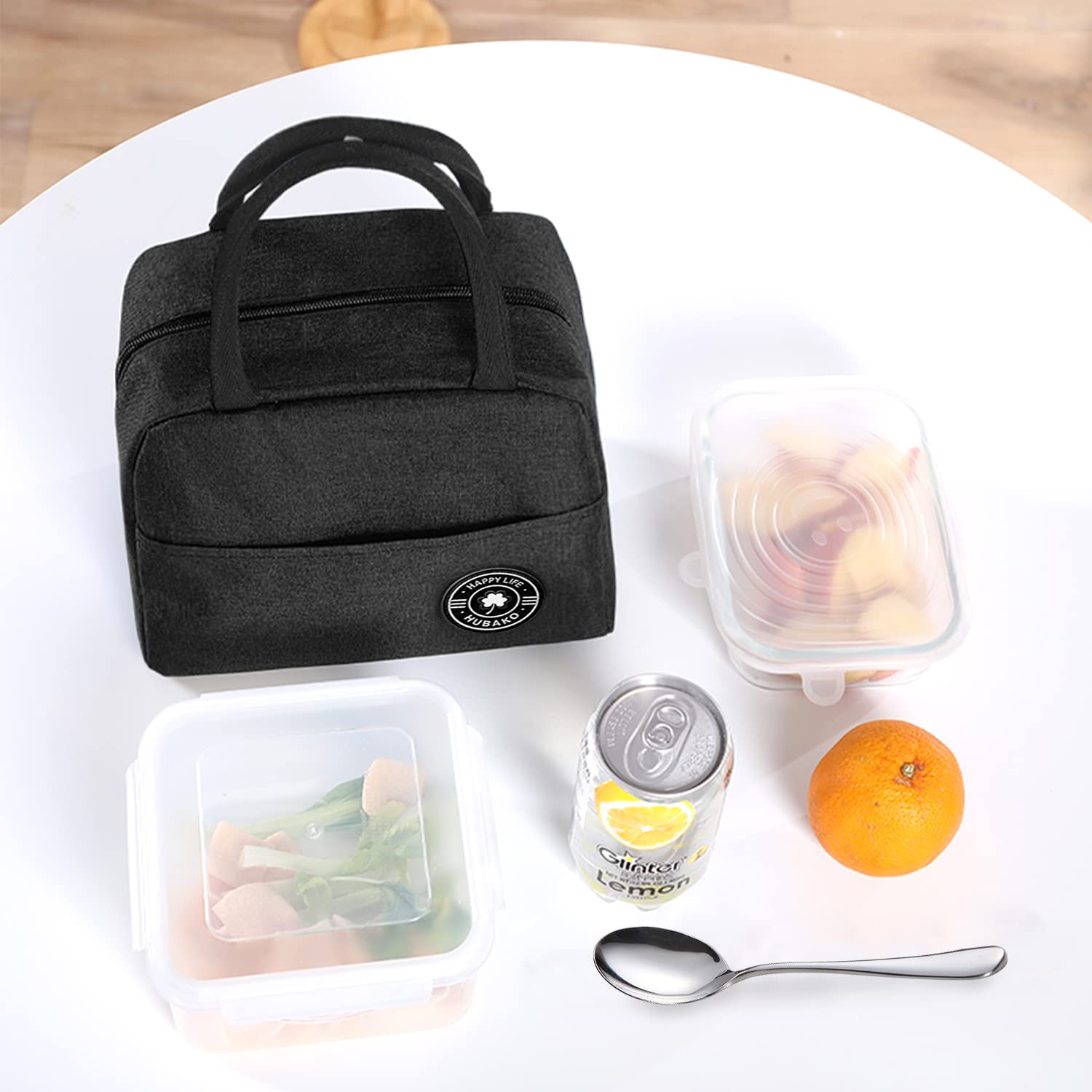 HUBAKO Small Portable Cute Lunch Bag for Boys Girls, Reusable Snack Bags with Front Pocket for Picnic Office Work Outdoor (Black)