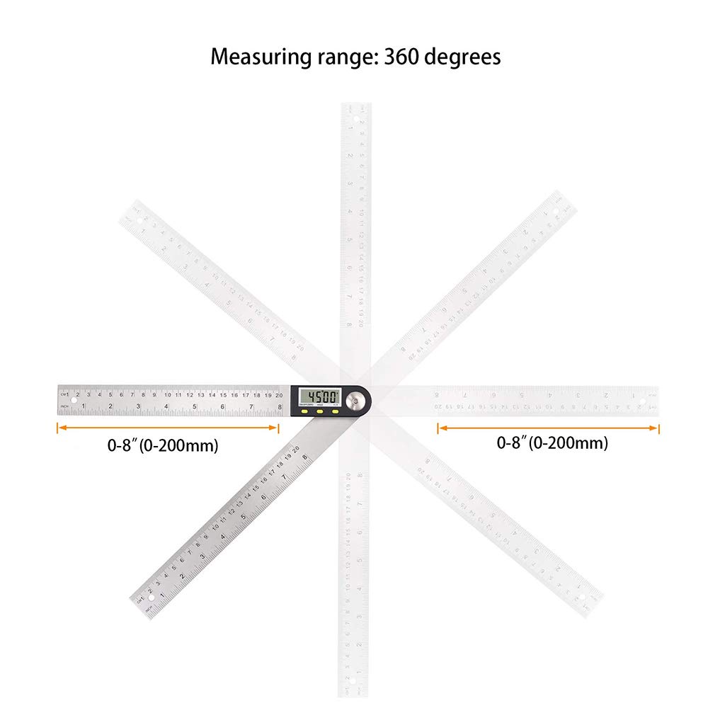 DuvinDD Digital Angle Finder Ruler, 2-in-1 360°Angle Measuring Tool 8 inch/200mm Digital Protractor with Zeroing and Locking Functions for Woodworking, Stainless Steel Angle Ruler