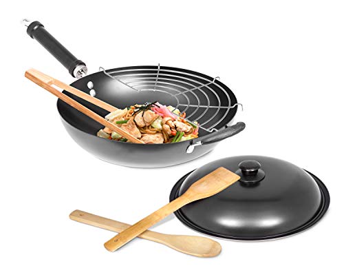 Imperial Home Carbon Steel Wok Frying Pan Set for Stir Fry & Everyday Cooking, Nonstick, Kitchen Cookware with Heat Resistant Handle, For All Stove Types, Includes Lid, Grill, Spatula, Spoon & Tongs