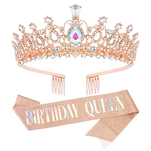 KICOSY Tiaras for Women Birthday Queen Tiara and Sash Set Birthday Crown for Women Birthday Tiara for Girls Rhinestone Crown Birthday Queen Sash Birthday Gifts Birthday Decorations for Women