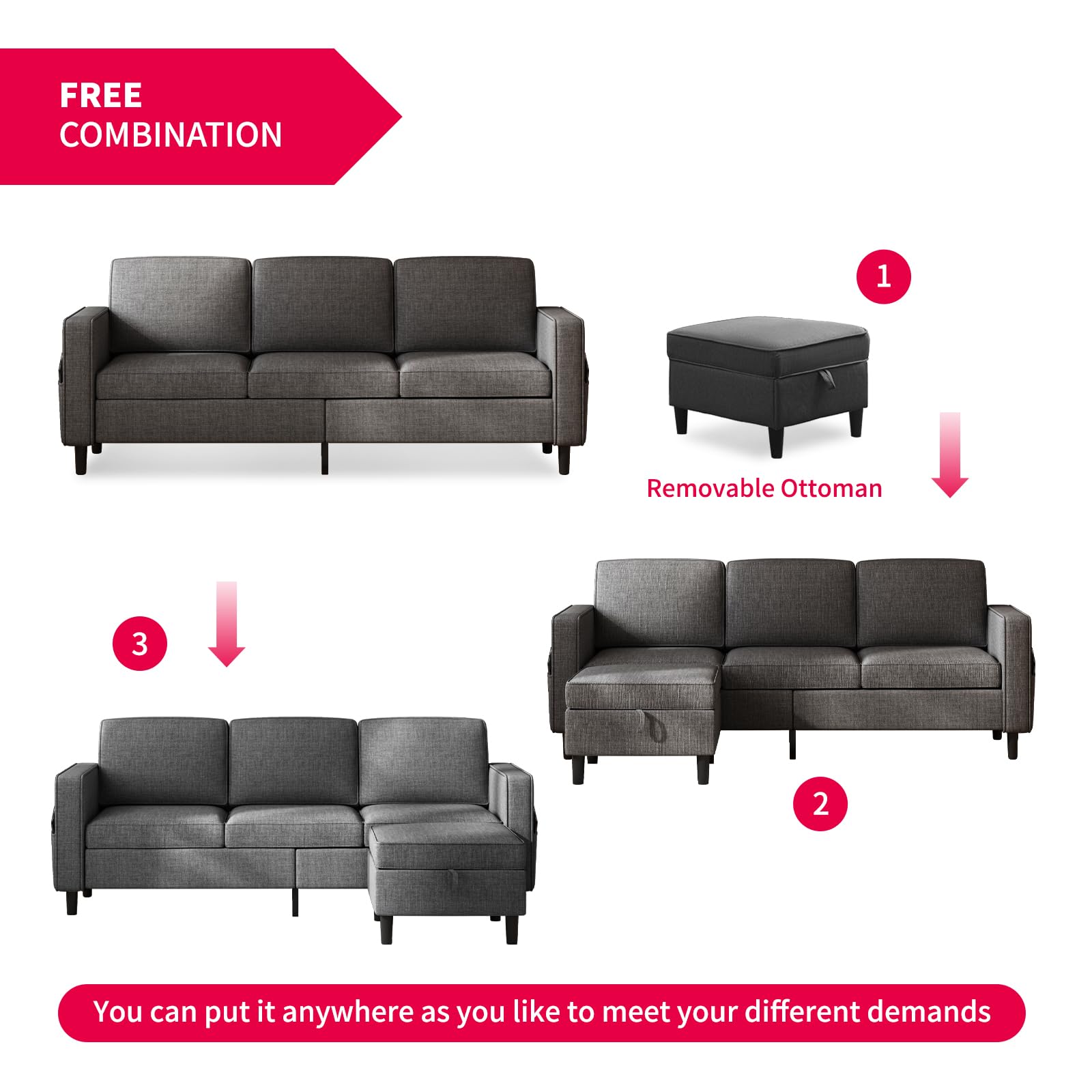 MUZZ 3-Seater Sectional Sofa with Movable Storage Ottoman, Modern Linen Sectional Couch with Side Pockets, L Shaped Sofa Couch for Living Room, Apartment,Office(Dark Grey)