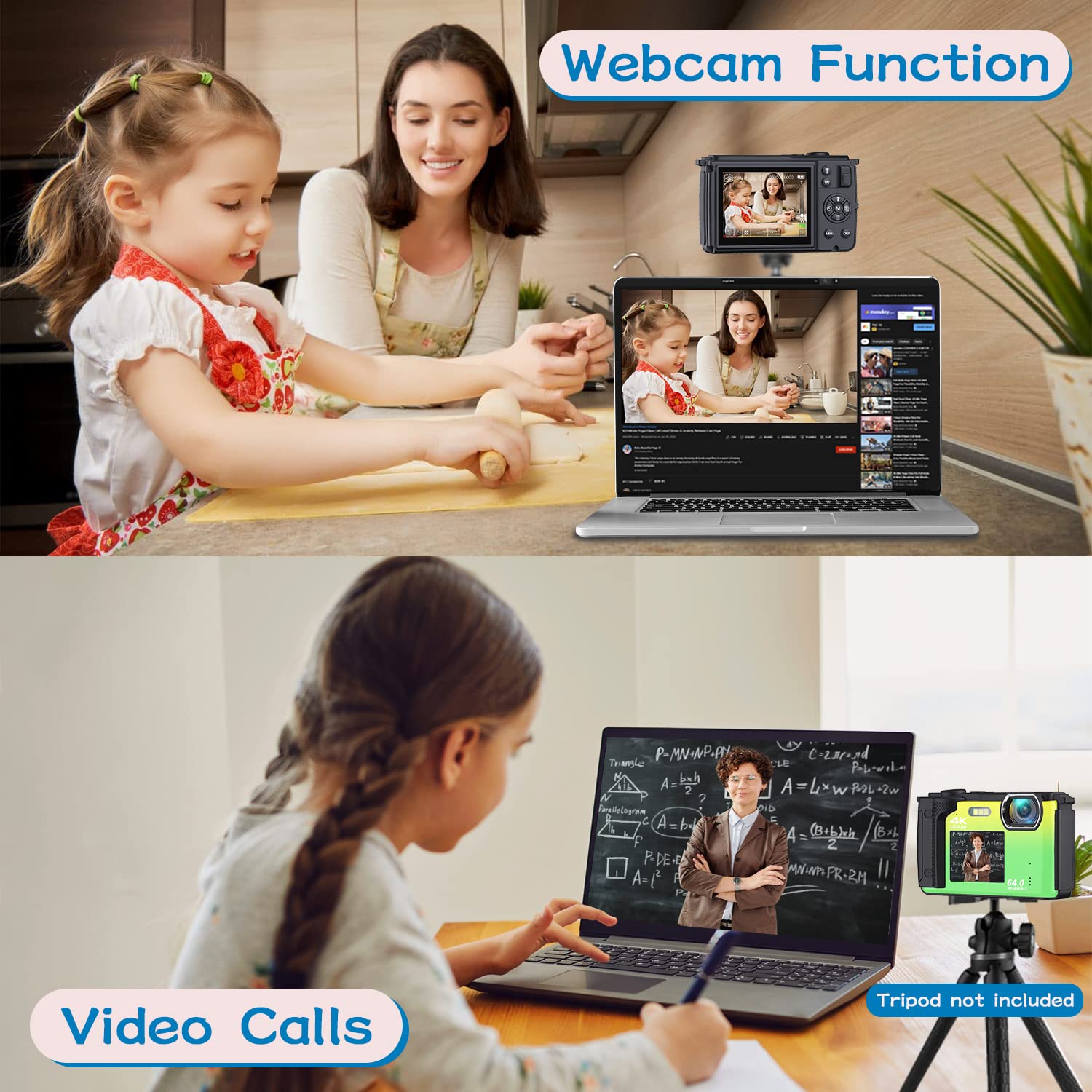Digital Camera with WiFi 4K 64MP Vlogging Camera for Photography with Dual Screens Point and Shoot Camera with 32GB SD Card, 16X Zoom Compact Camera for Beginners-Tie2