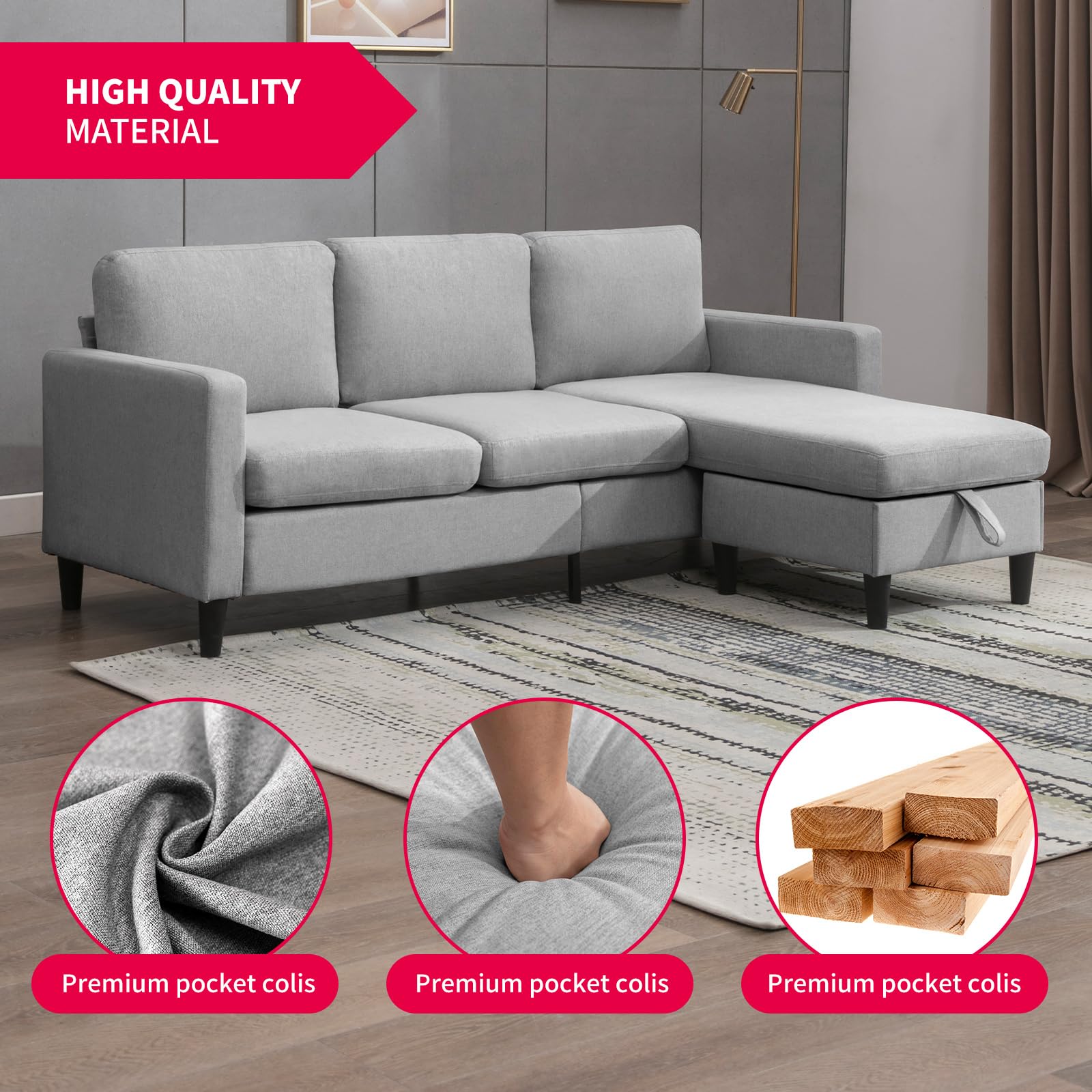 MUZZ 85" Oversize Modular L-Shaped Sofa with Storage Chaise,Combination Sofa with Movable Ottoman and Modern Linen Fabric,3-Seat Sectional Couch for Living Room and Office,Light Grey