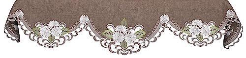 Embroidered Fireplace Mantel Scarf with White Daisy on Brown Linen and Cut Work (19Wx90L)